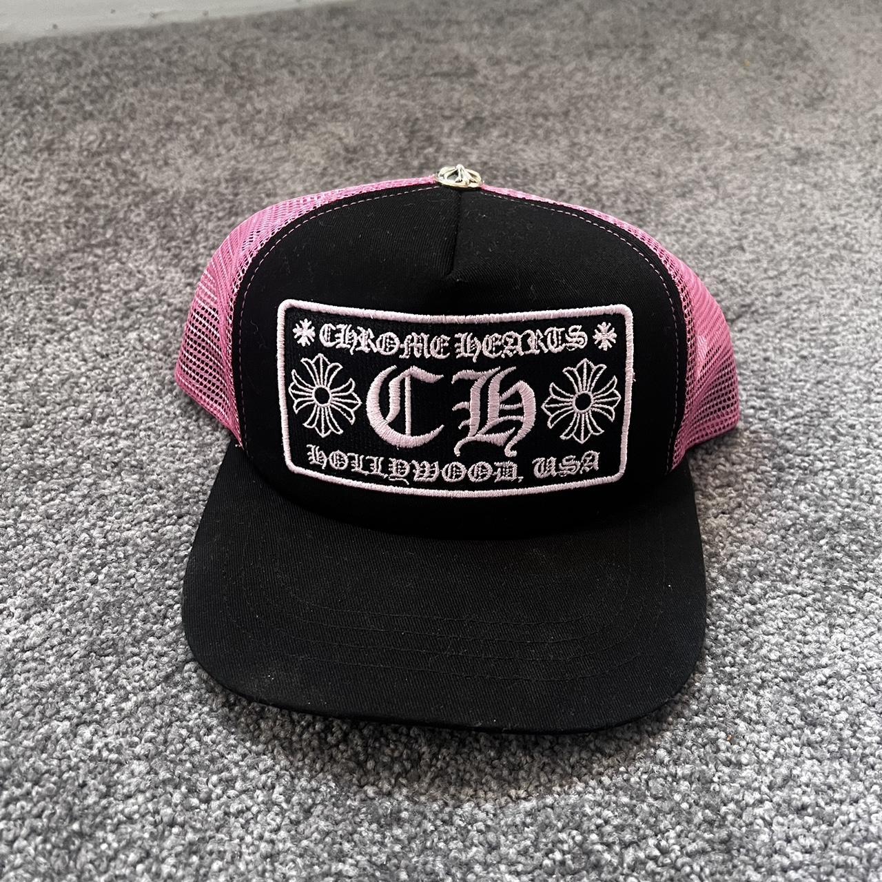 Chrome Hearts pink and black trucker hat - Depop
