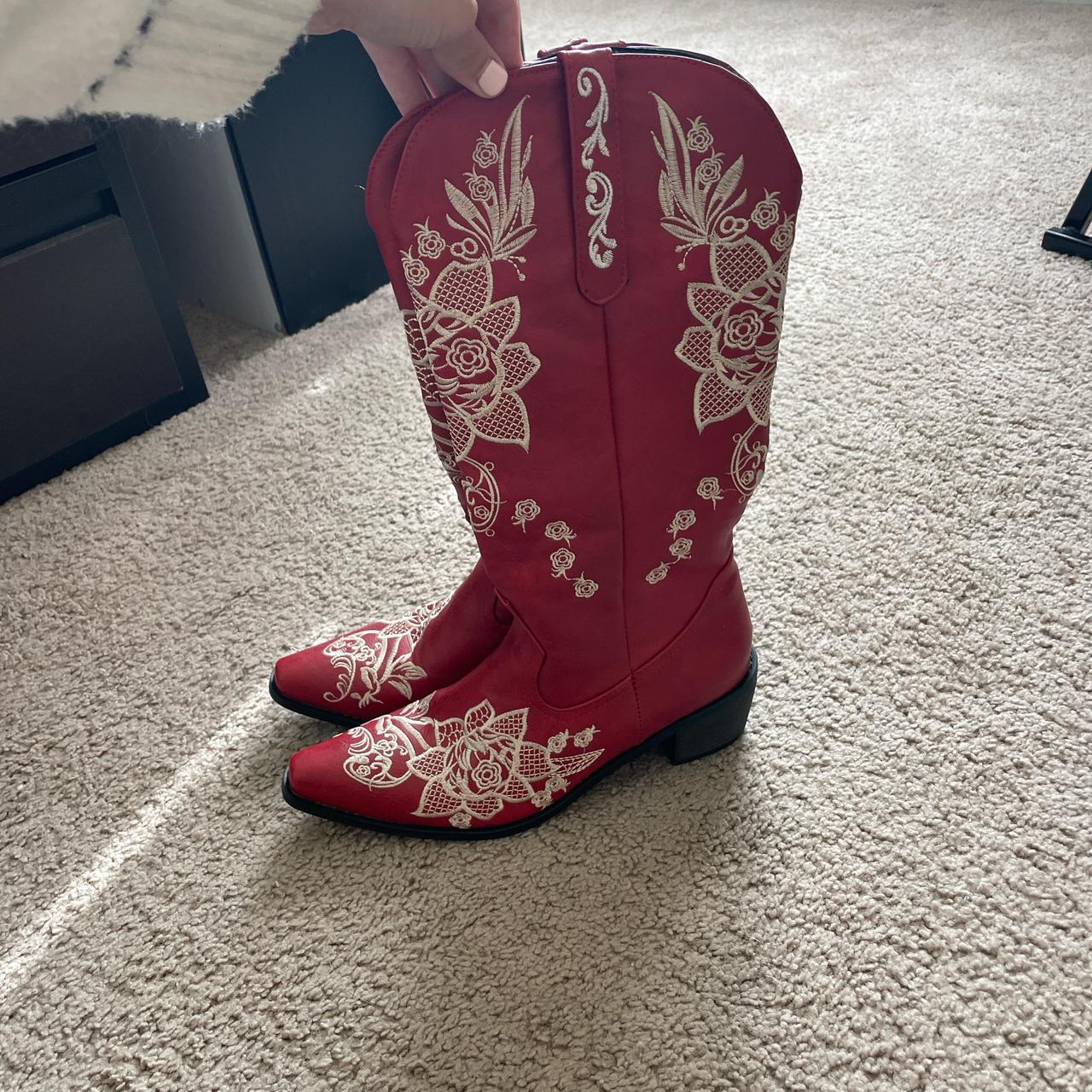 Red cowboy boots with embroidered roses Size 8.5-9... - Depop