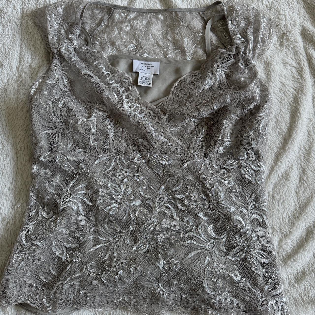 Ann Taylor loft metallic silver lace top - Depop