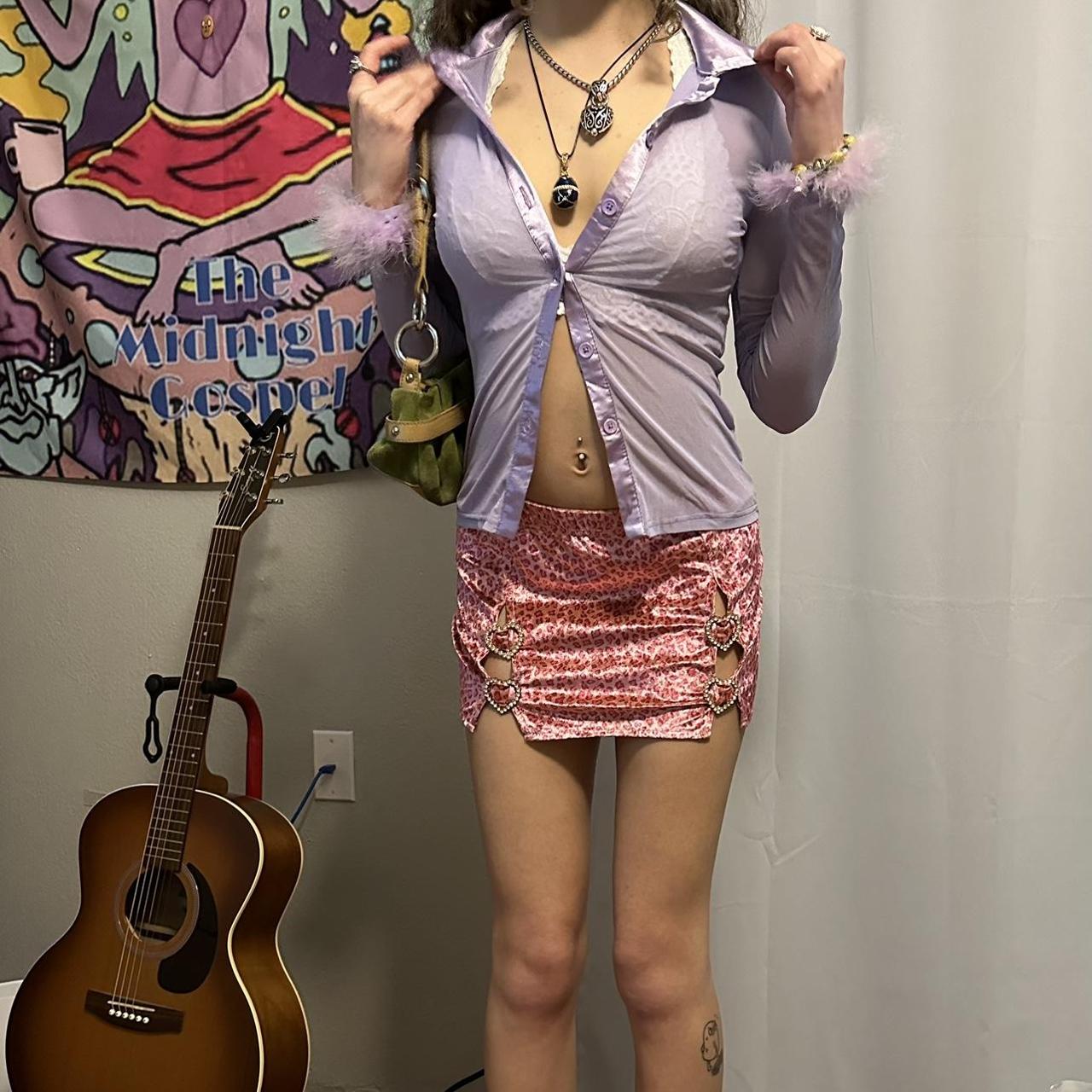 mesh purple button up. cute collar, fuzzy sleeve... - Depop