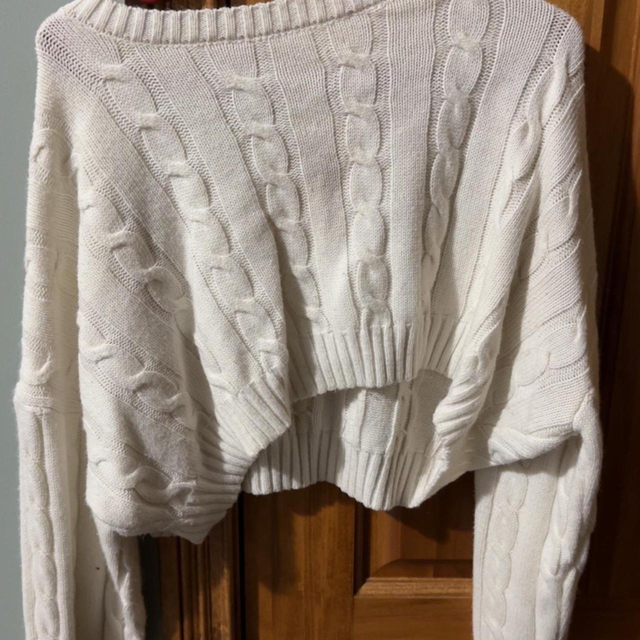 White cropped sweater with cable knit detailing... | Depop