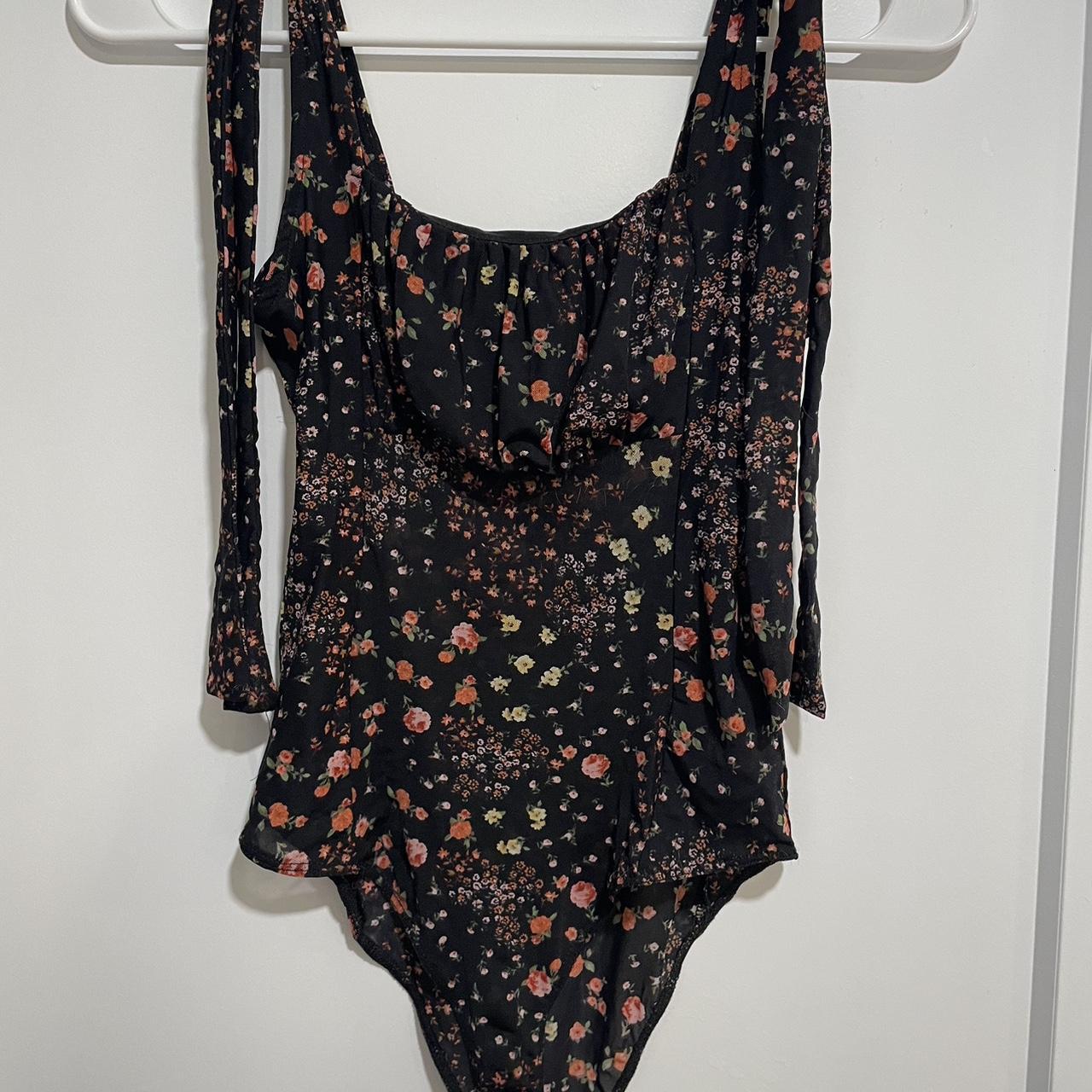 Black floral see through body suit - Depop