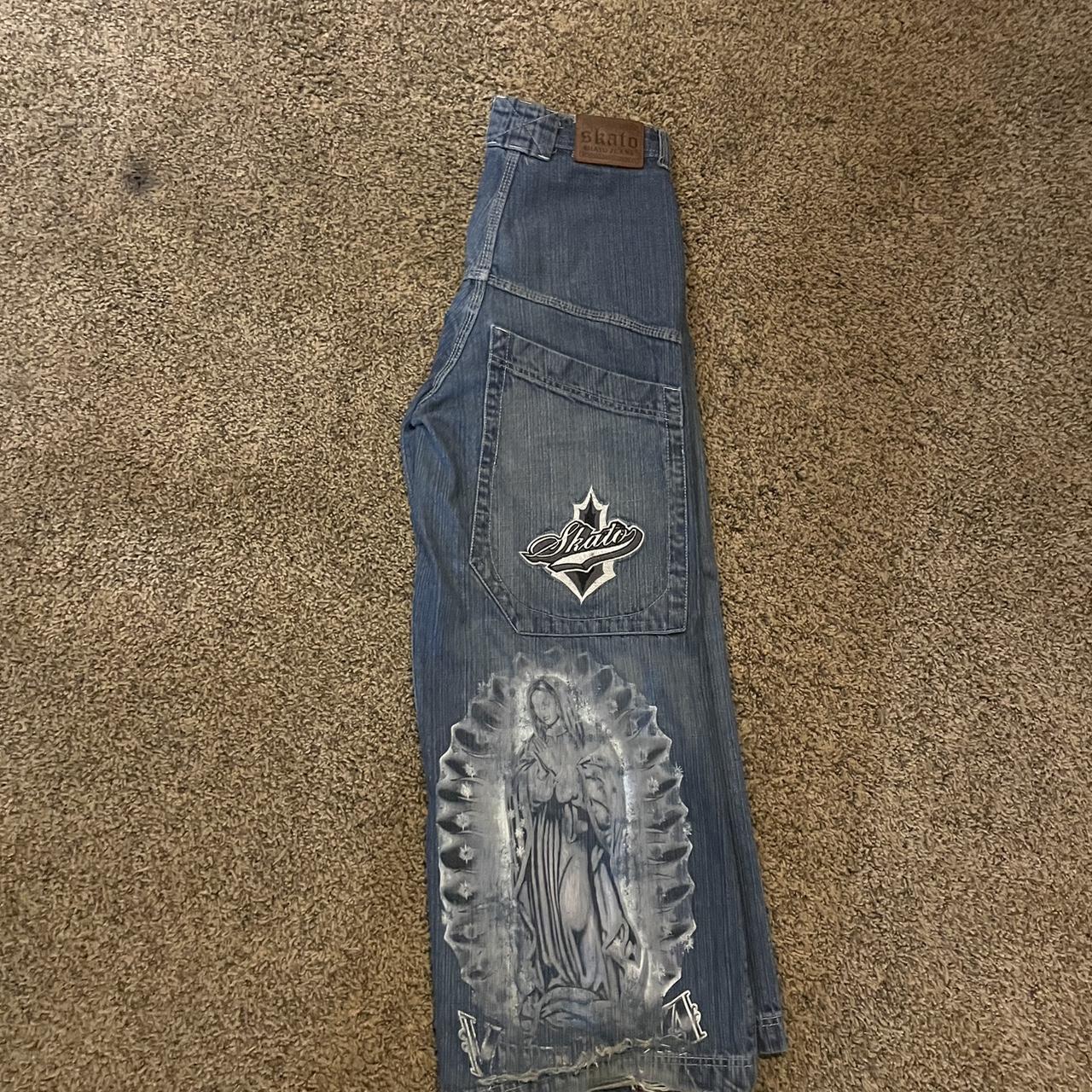 Vintage skato Virgin Mary jeans faded words and... - Depop