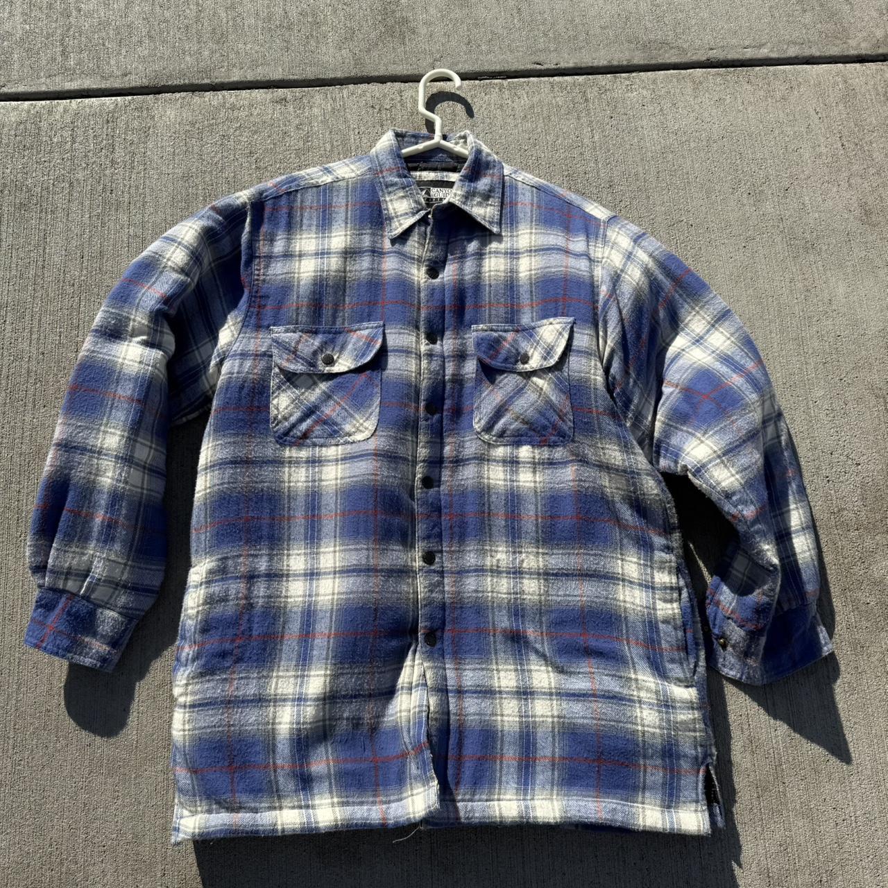 Blue and white plaid flannel jacket with quilted... | Depop