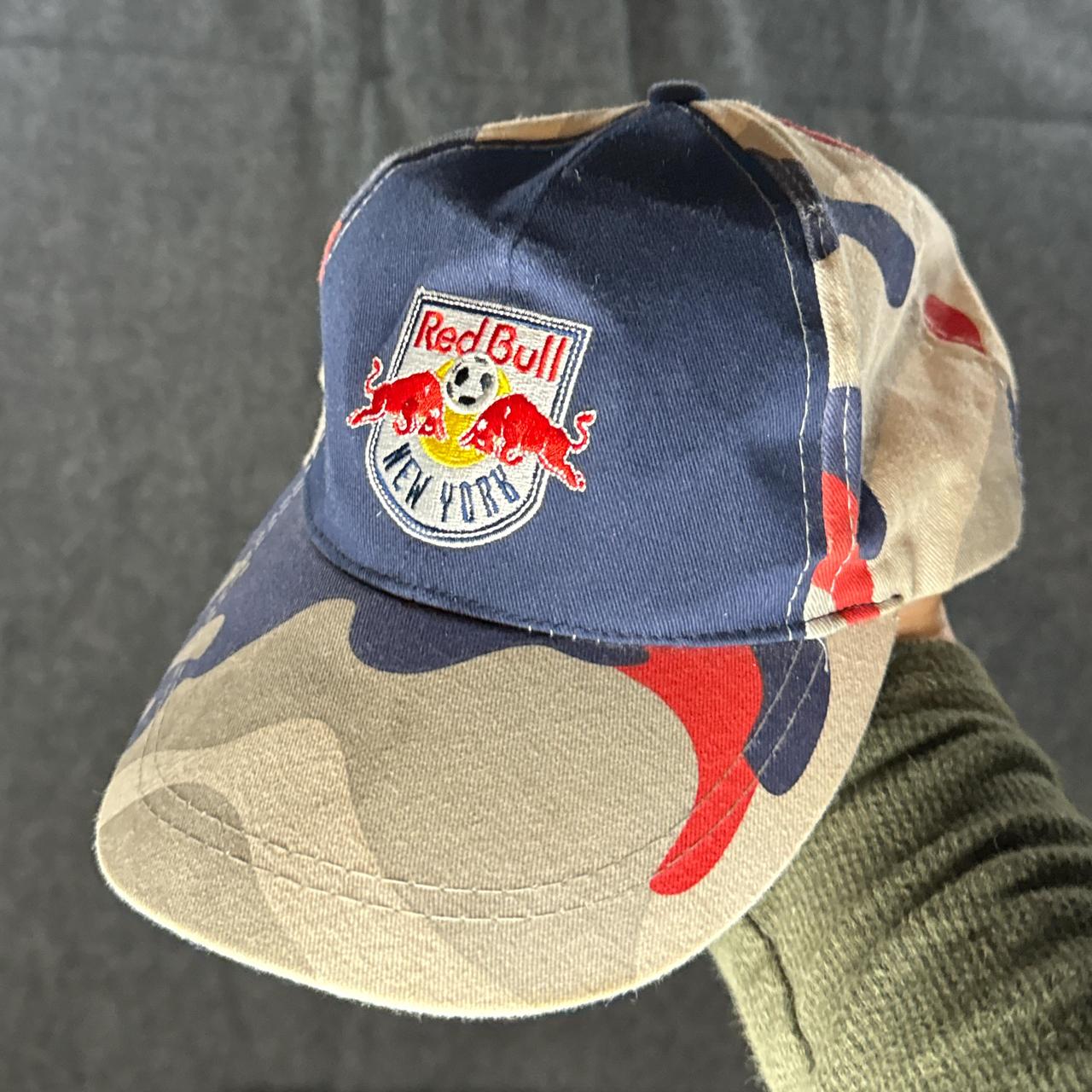 Red Bull New York Cap with Red and Blue Patterned... - Depop