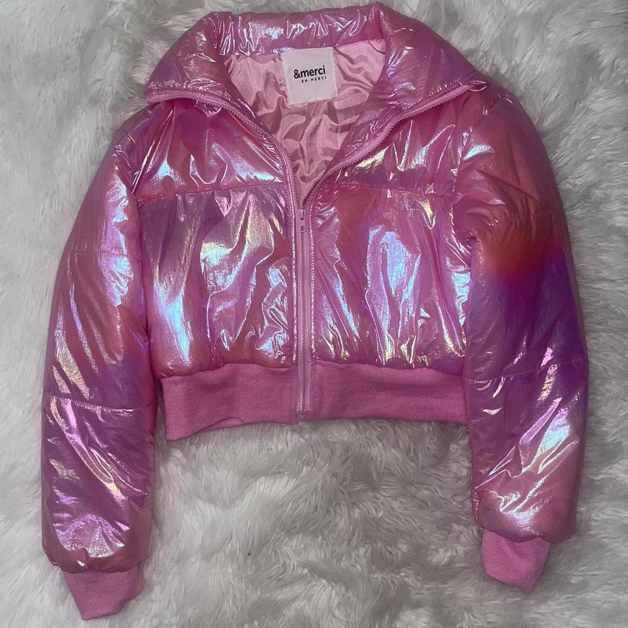Metallic Pink Puffer Jacket Size M - Never worn,... - Depop