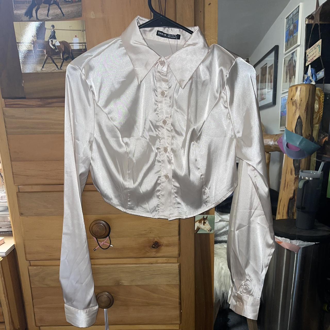 •Champaign/ white satin cropped button up •Never... - Depop
