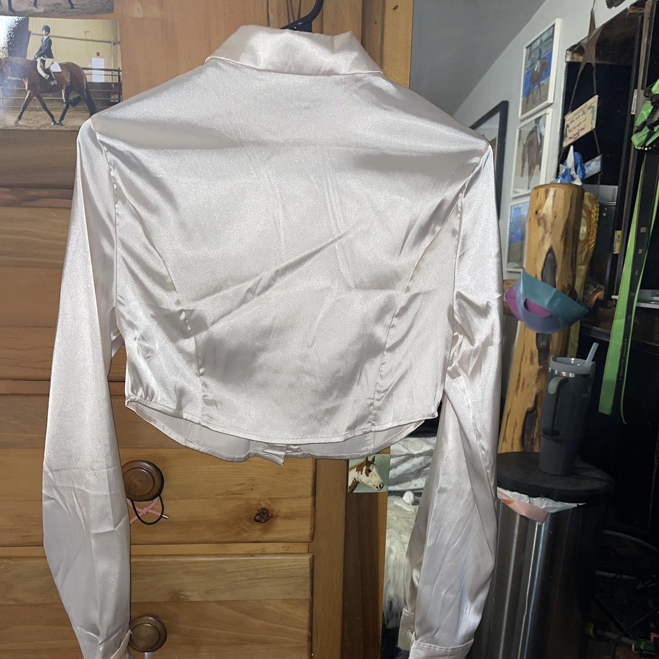 •Champaign/ white satin cropped button up •Never... - Depop
