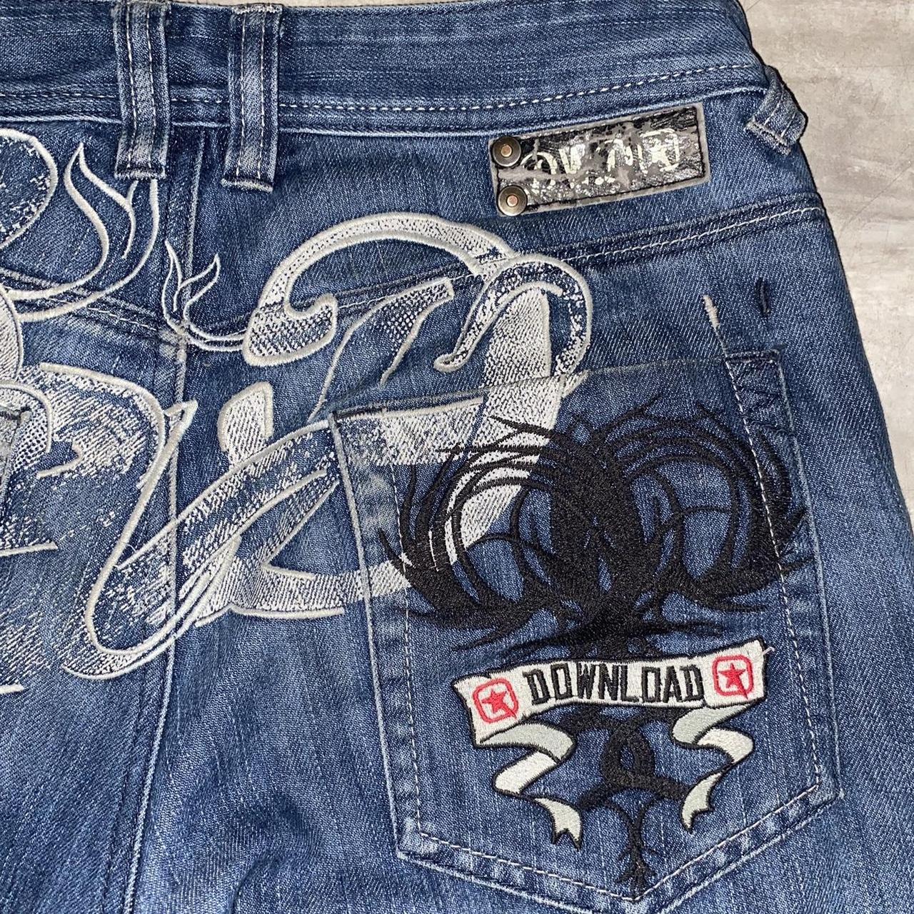 rare 2000s ed hardy type navy blue jeans with the... - Depop