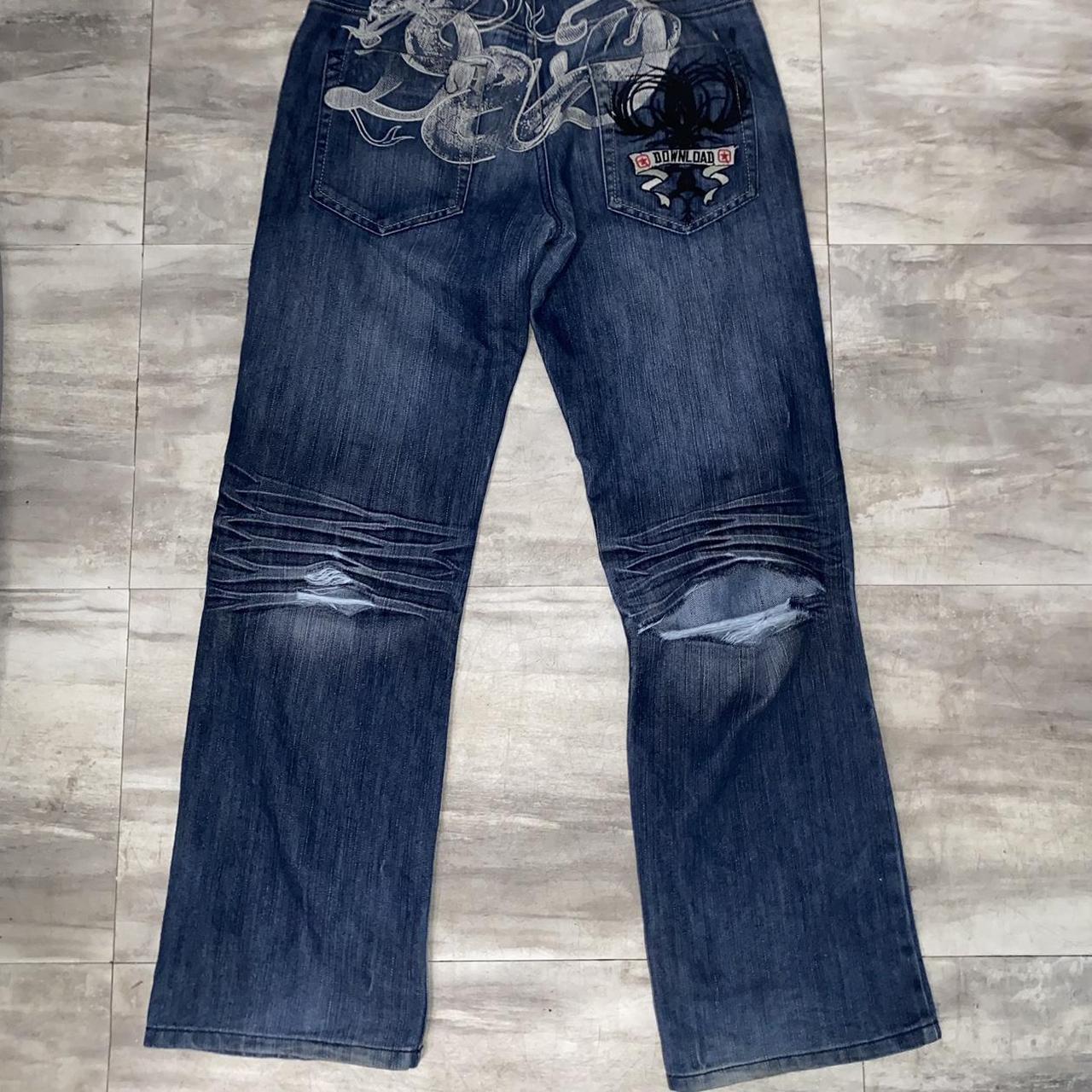 rare 2000s ed hardy type navy blue jeans with the... - Depop