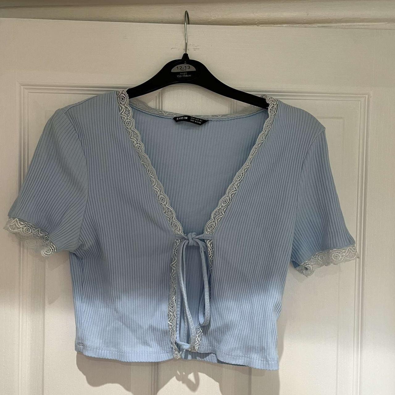 tie front light blue crop top SHEIN, work few times... - Depop