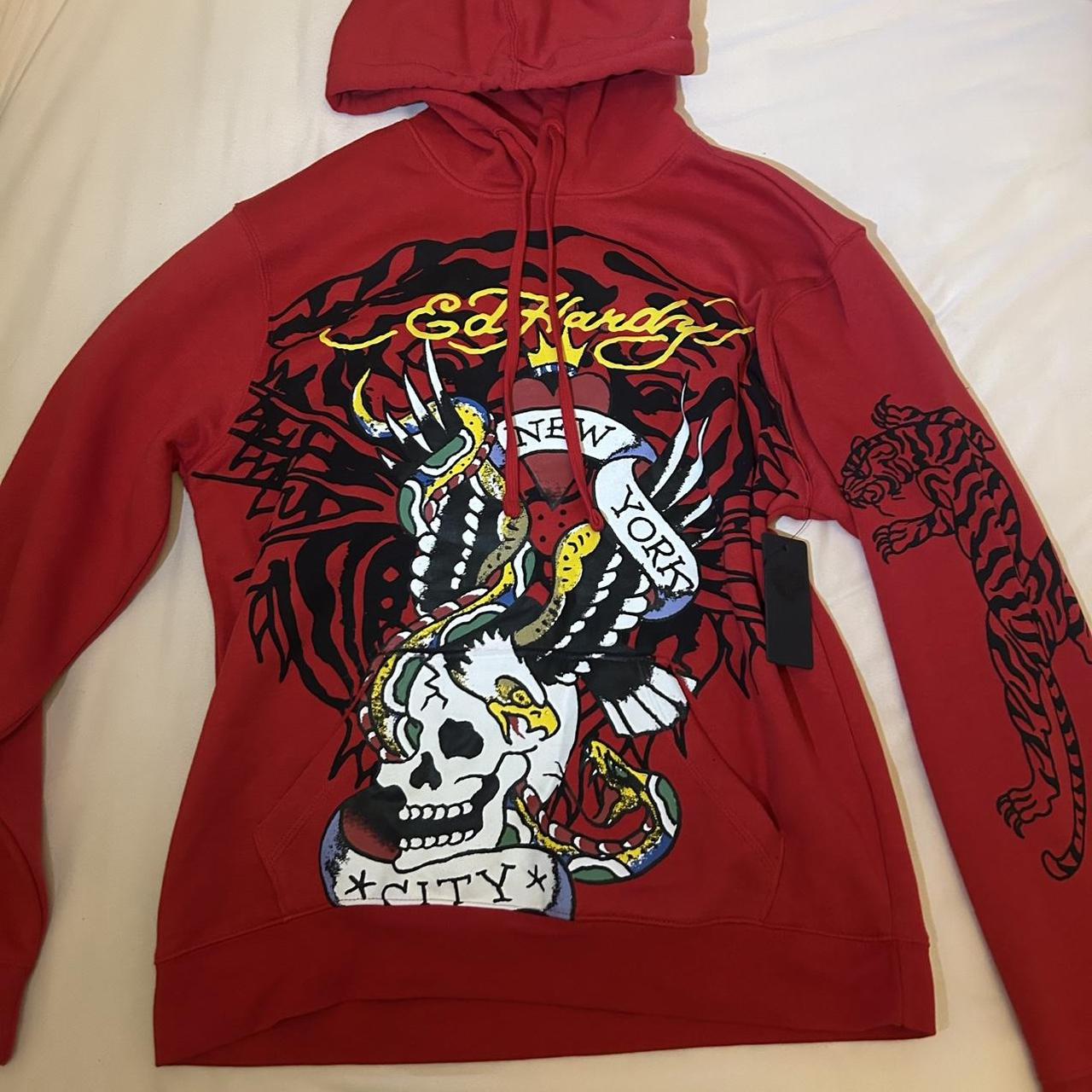 Red Ed Hardy hoodie with skull and snake design... | Depop