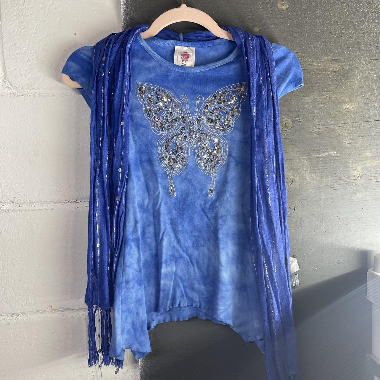 Blue butterfly top with silver sequins and scarf... | Depop