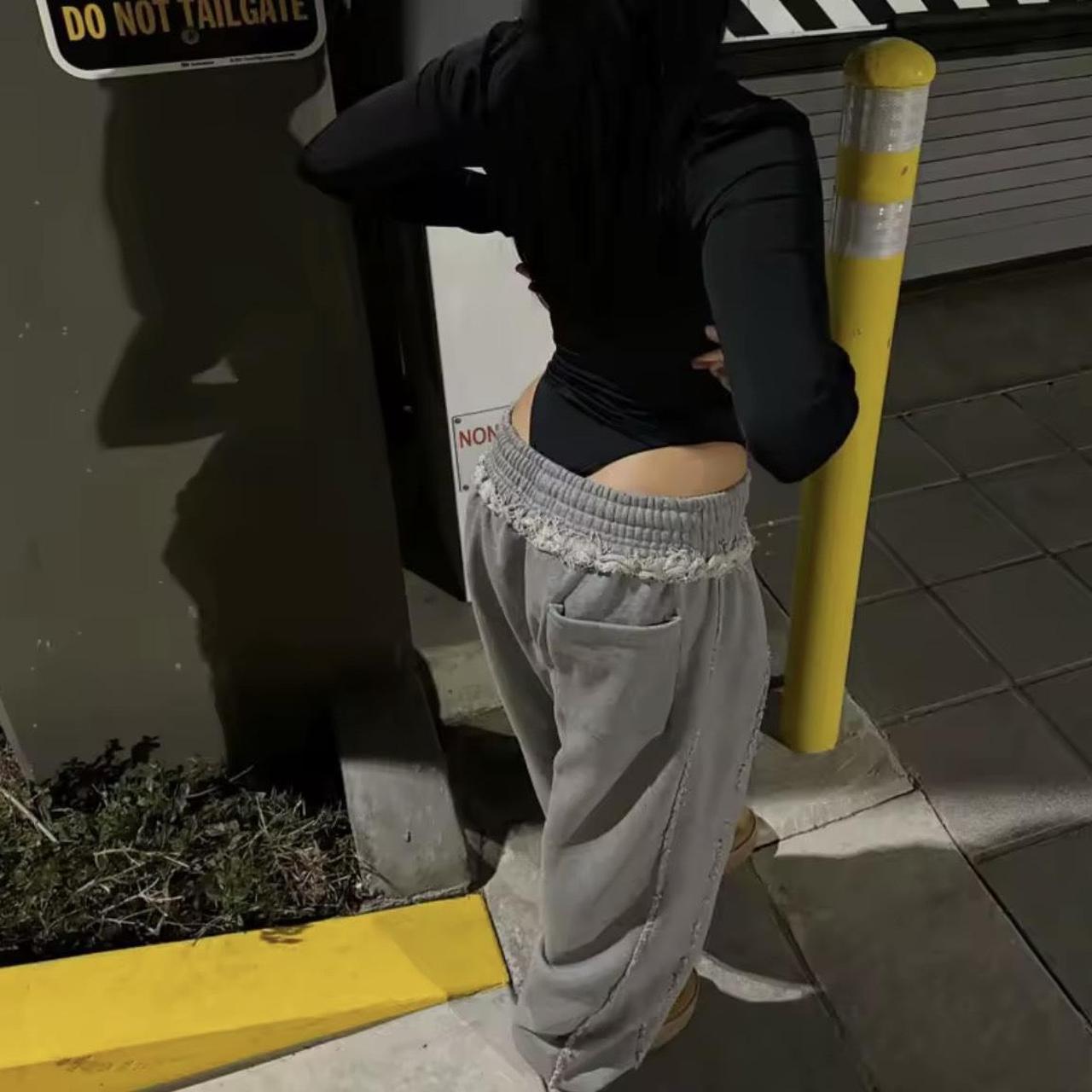 Baggy uncuffed grey sweatpants with lace trim and... | Depop