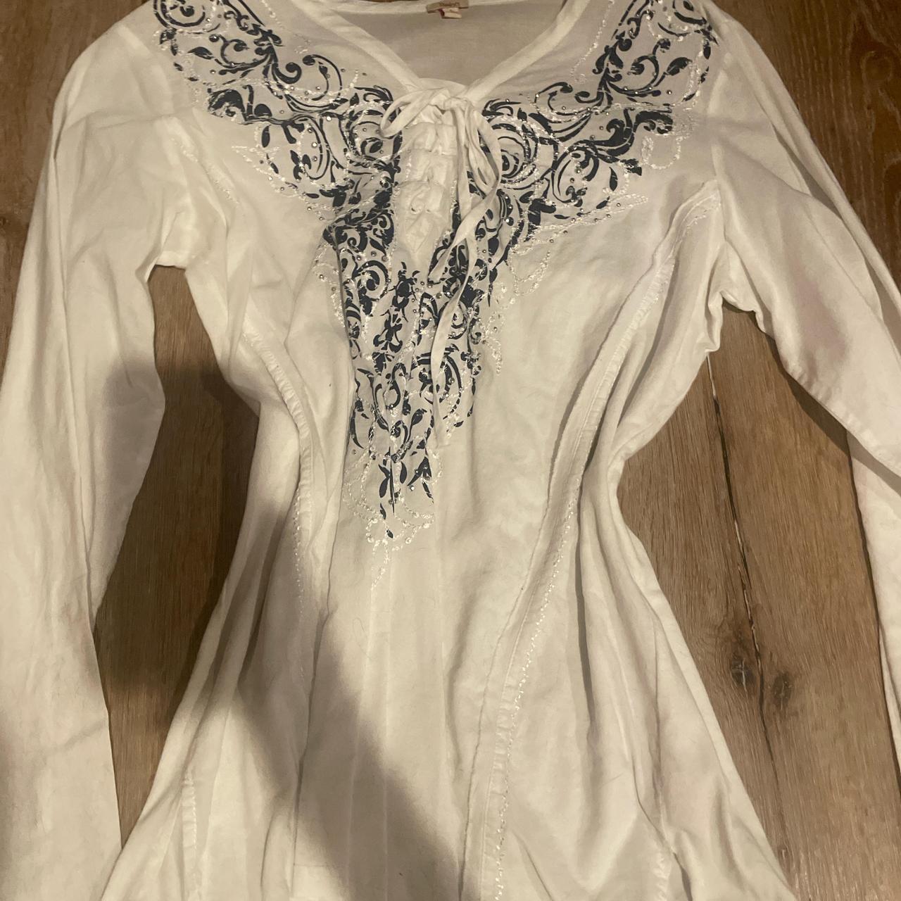 White and blue lace long sleeve shirt #festivalvibes | Depop