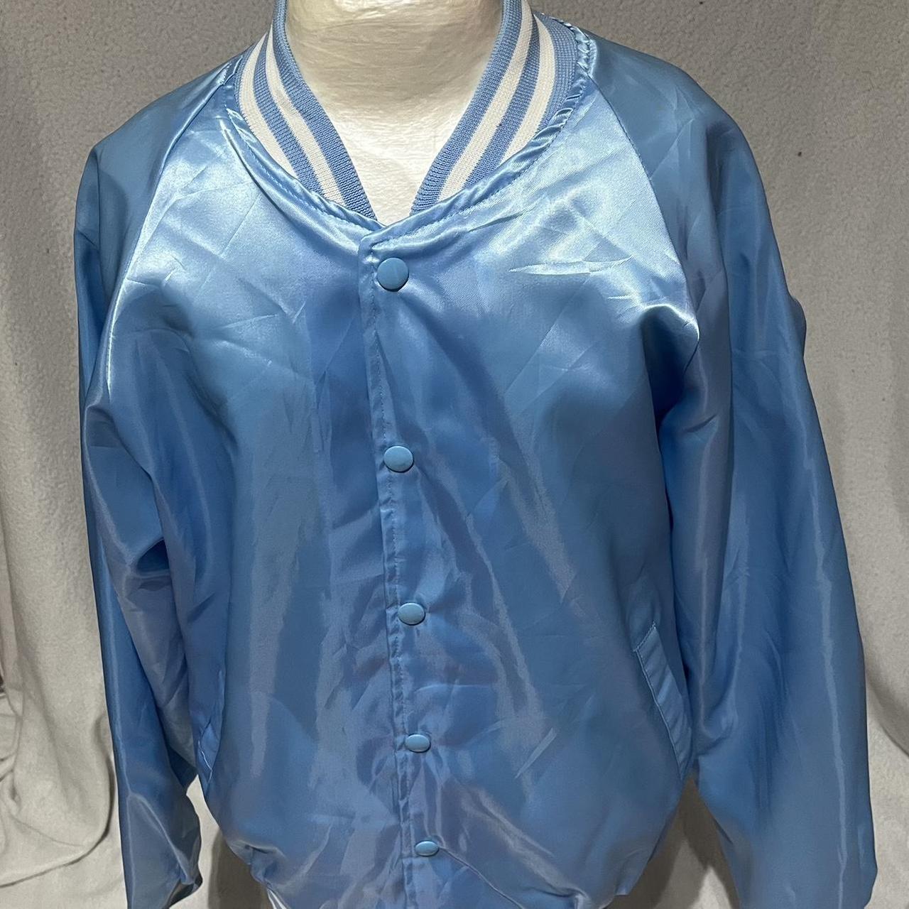 Blue and white Hartwell James Dean satin bomber... | Depop