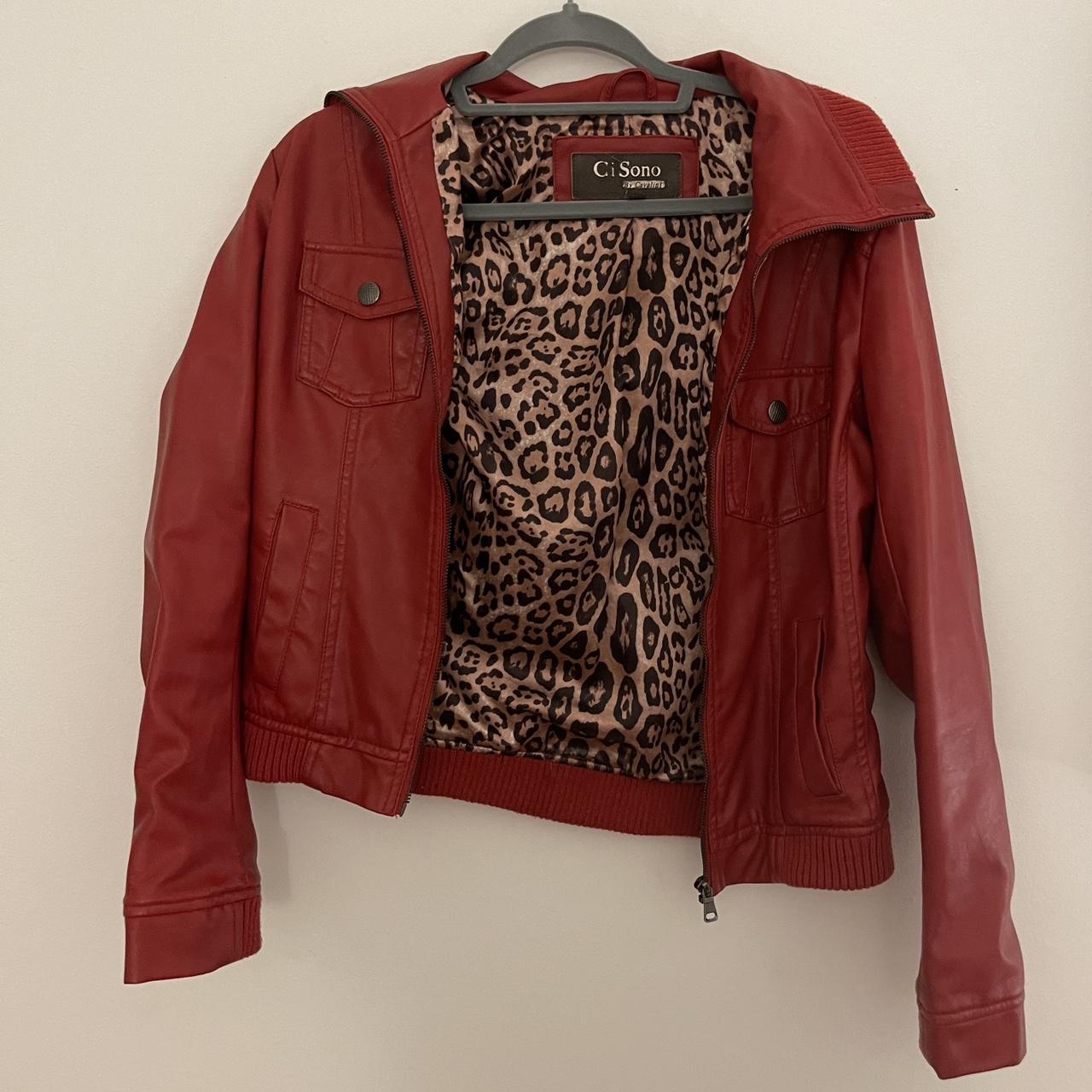 Red and leopard leather jacket leather interior... - Depop