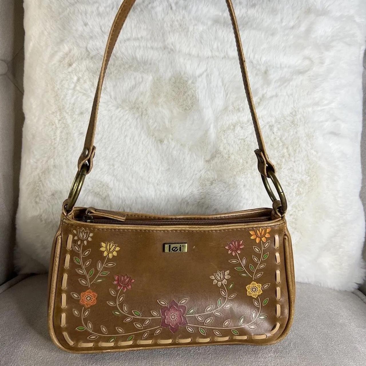 L.E.I. Tan Faux Leather Purse Shoulder Bag Floral... - Depop