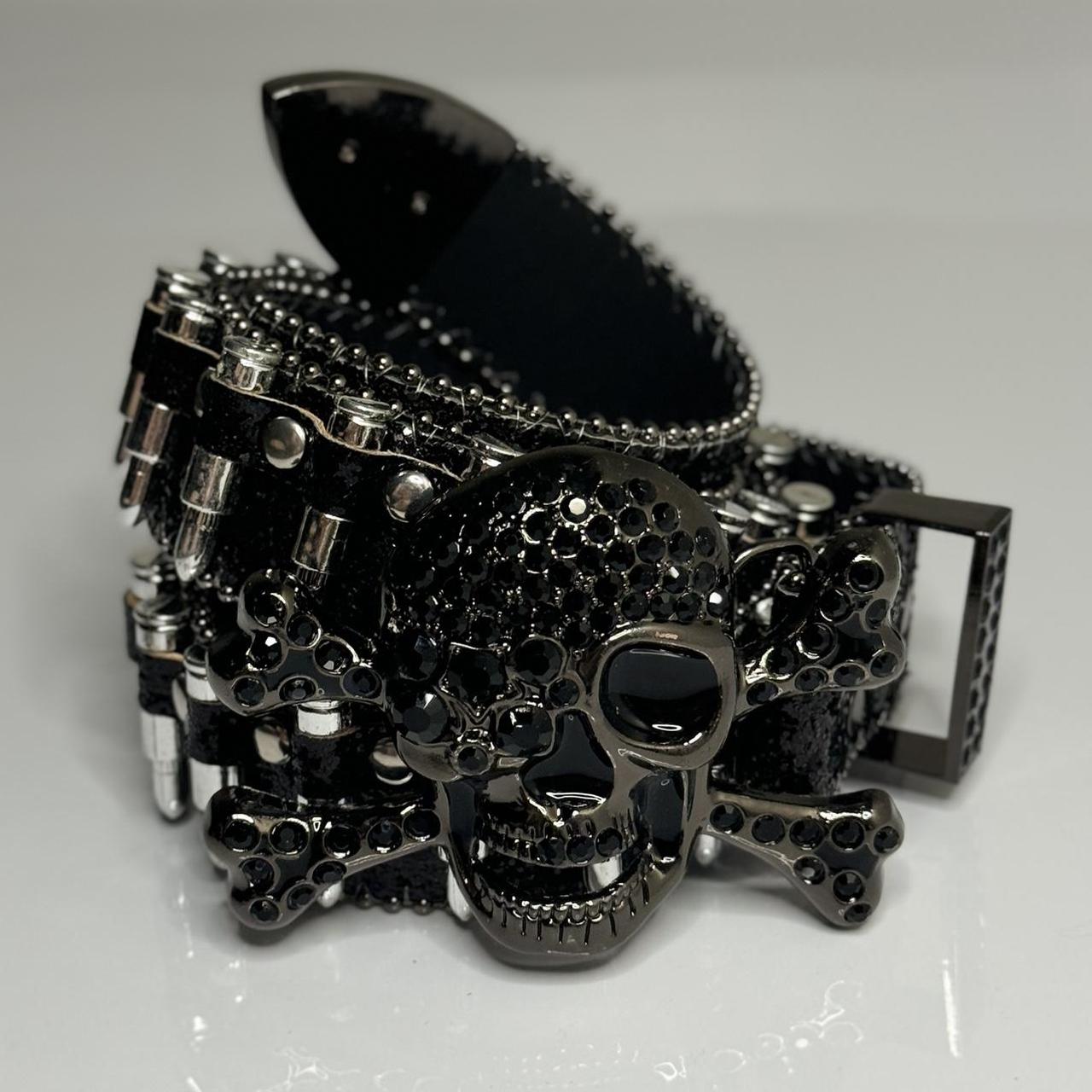 Vintage Y2K rhinestones skull bullet belt BB Simon... | Depop