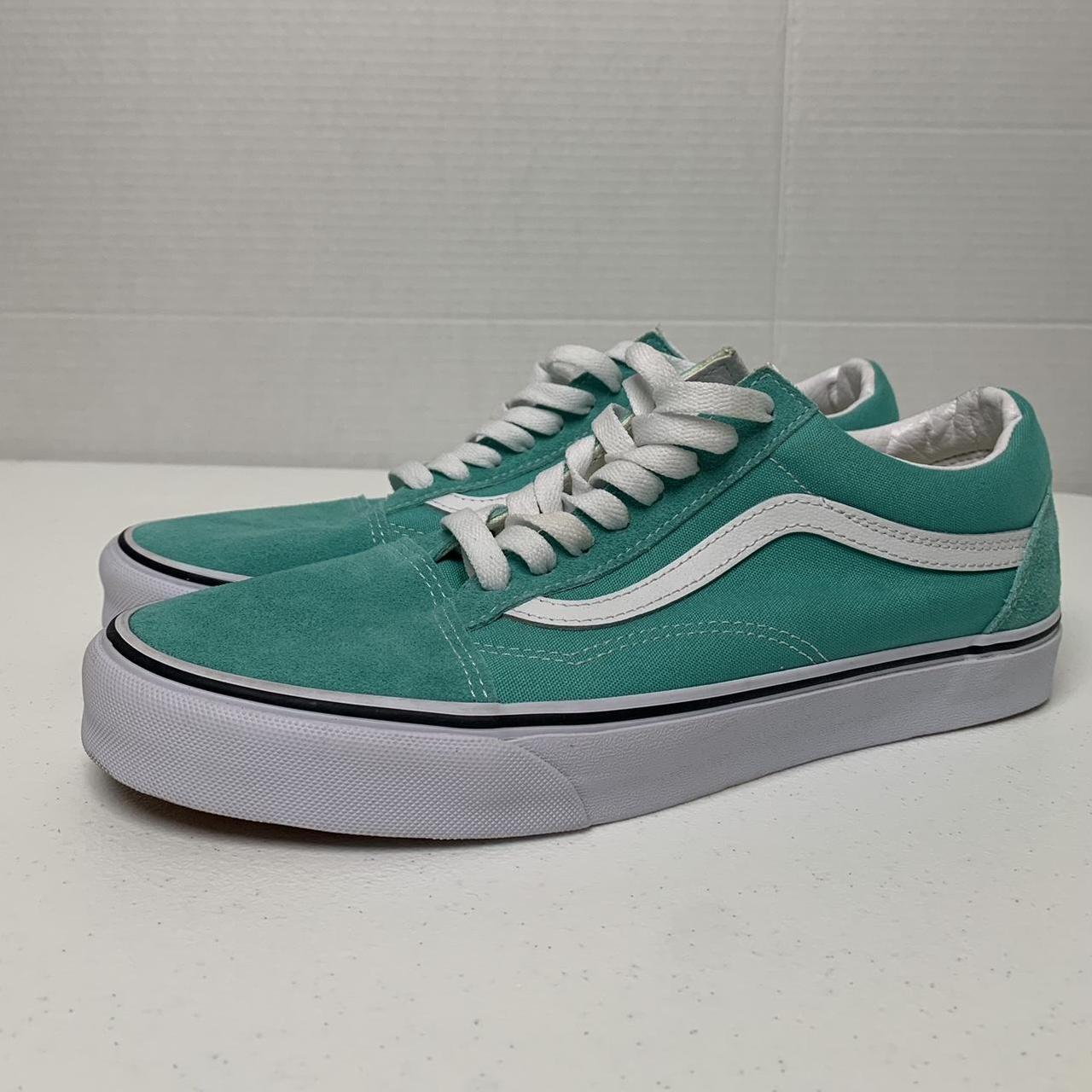 Vans Turquoise Green and White Suede and Canvas Old... - Depop