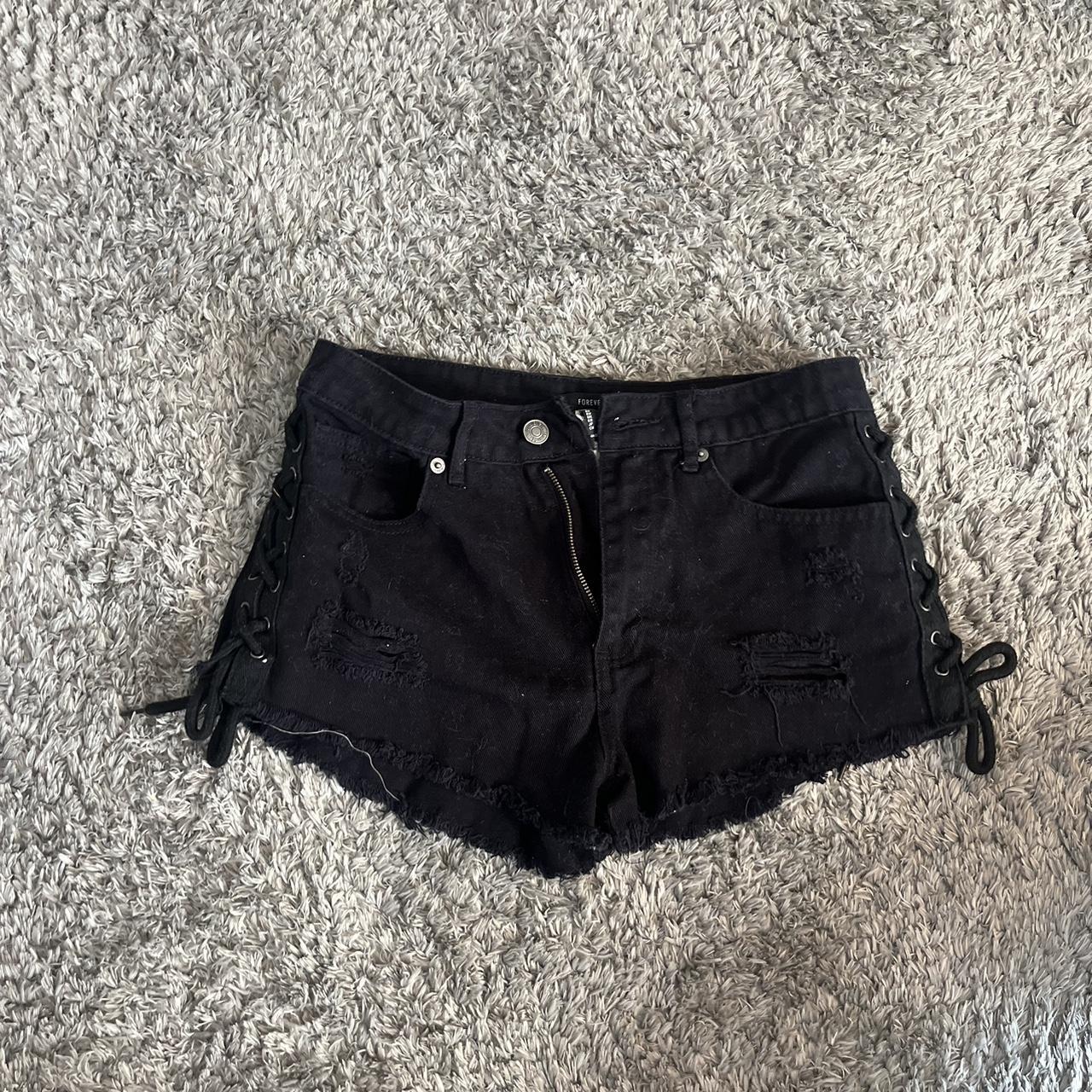Black Denim Jean Shorts - size 26 - lace up sides... - Depop