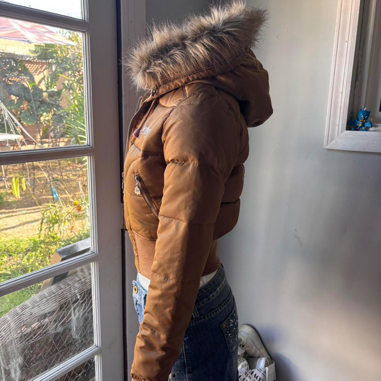 2000s Cropped deréon puffer jacket with faux fur... | Depop