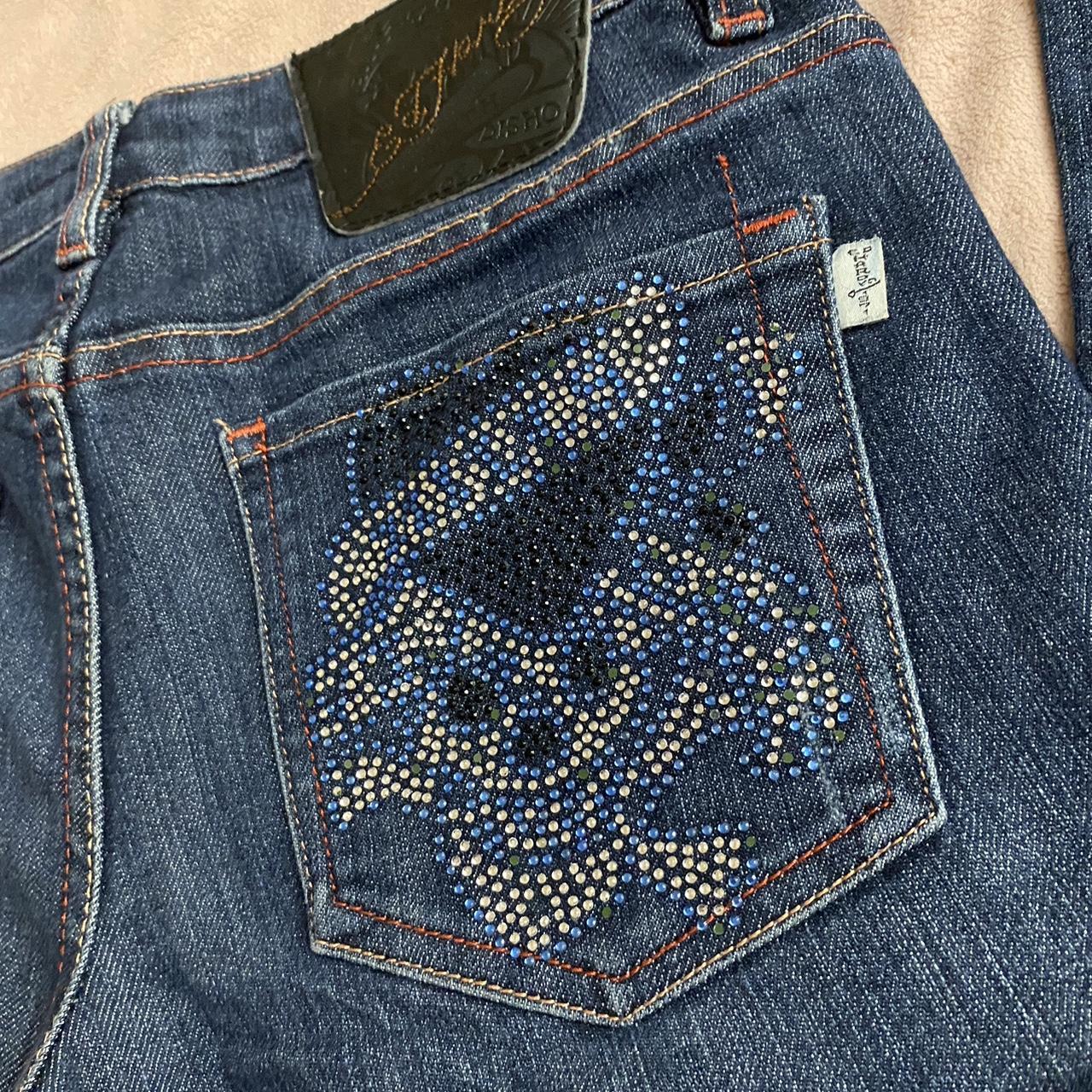 Ed Hardy blue jeans with skull and crossbones... - Depop