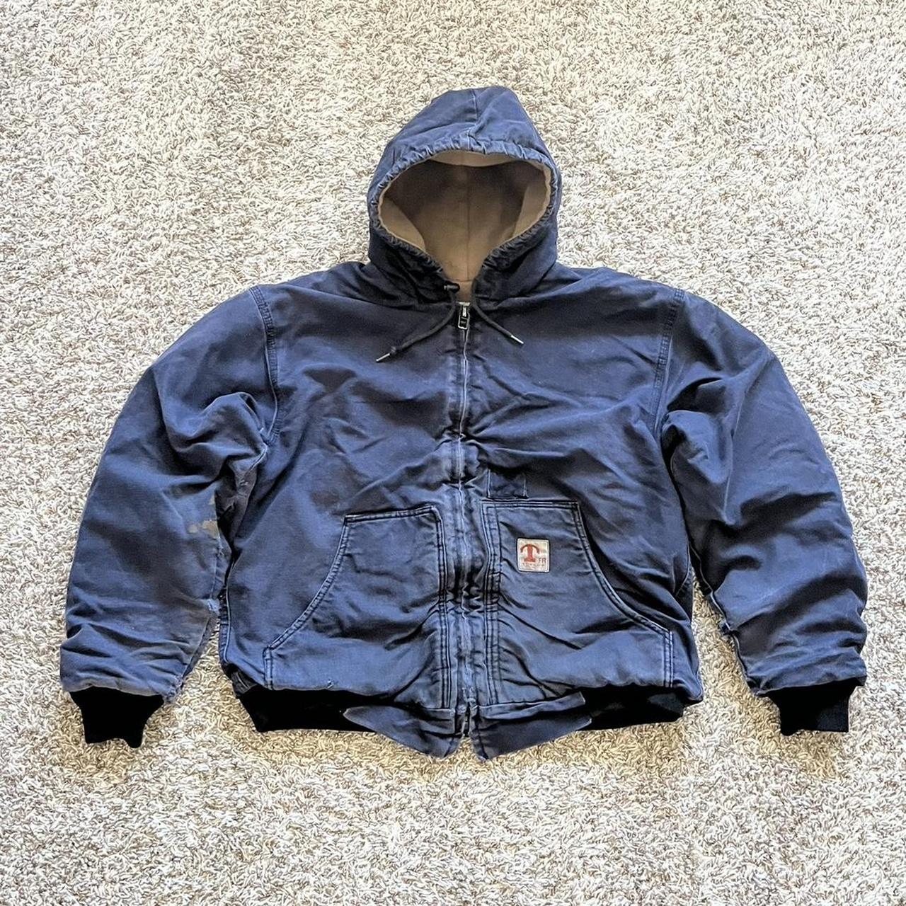 Carhartt look-alike navy blue hooded workwear jacket... - Depop