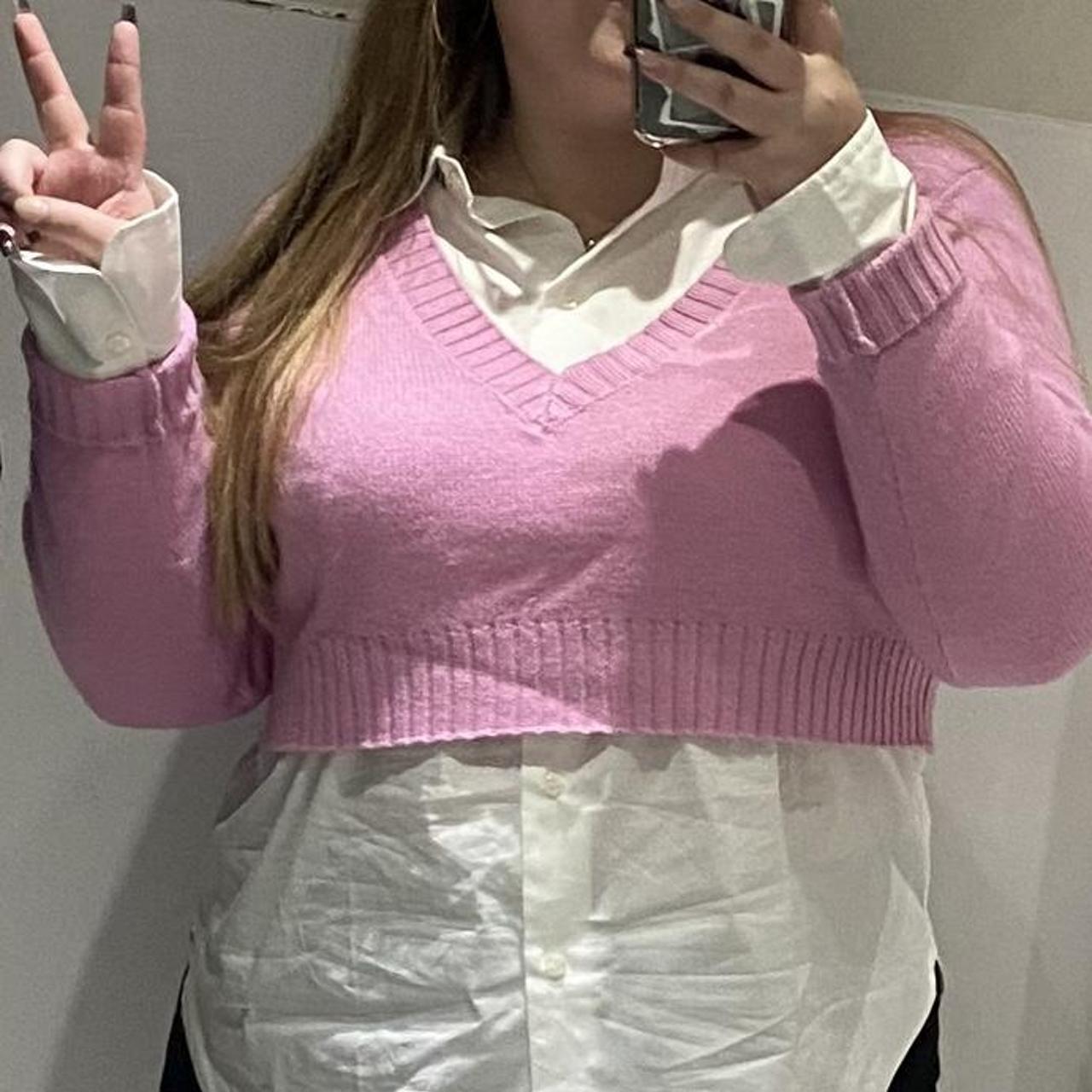 Pink cropped sweater jumper. Super cute. Giving... - Depop