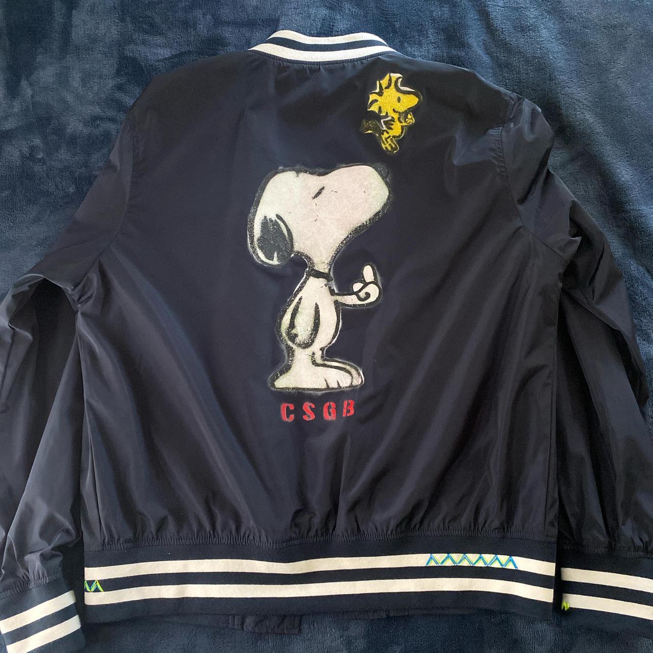 SNOOPY MIDDLE-FINGER JACKET Navy blue bomber jacket... | Depop
