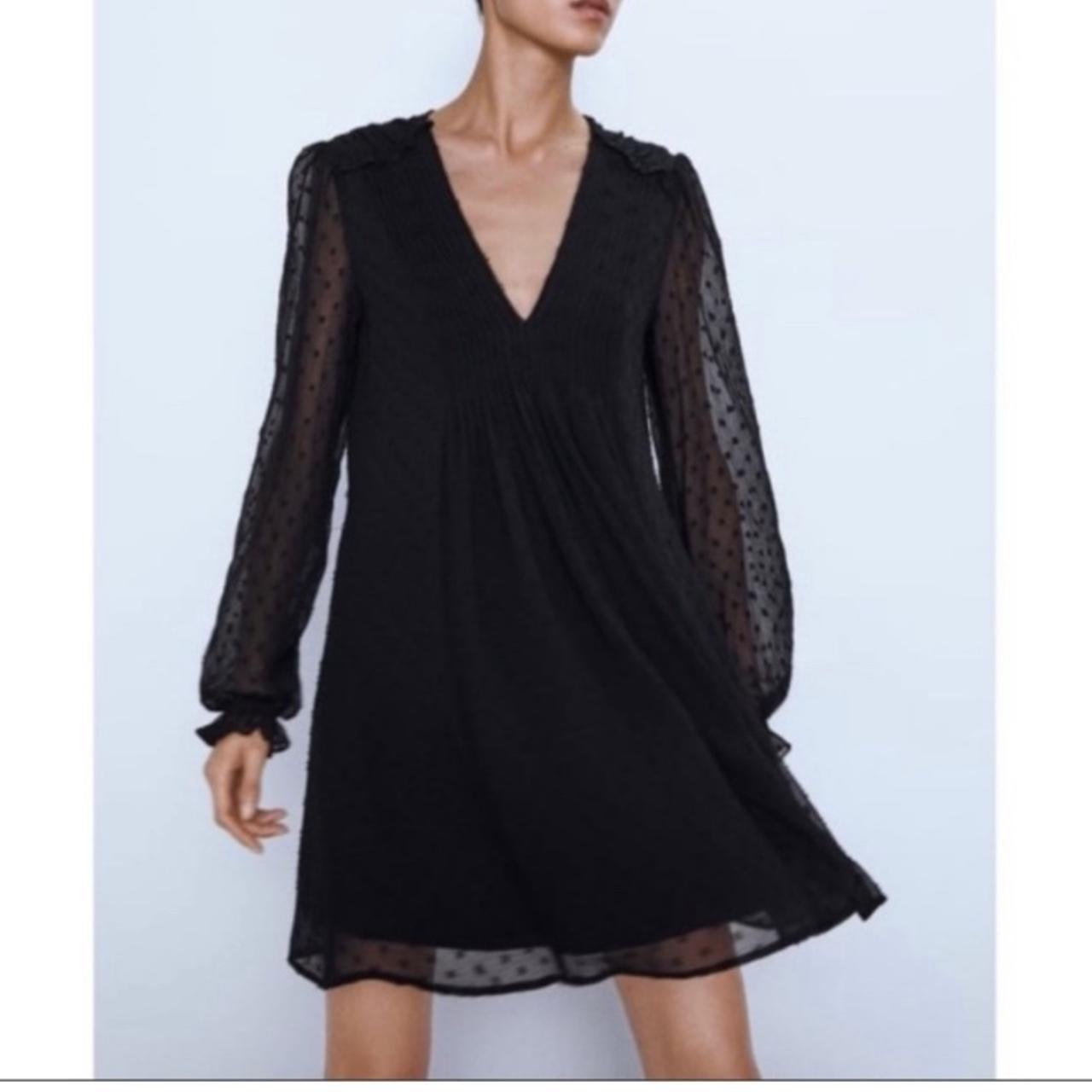 Zara Dresses | Zara Black Swiss Dotted Chiffon Mini... - Depop