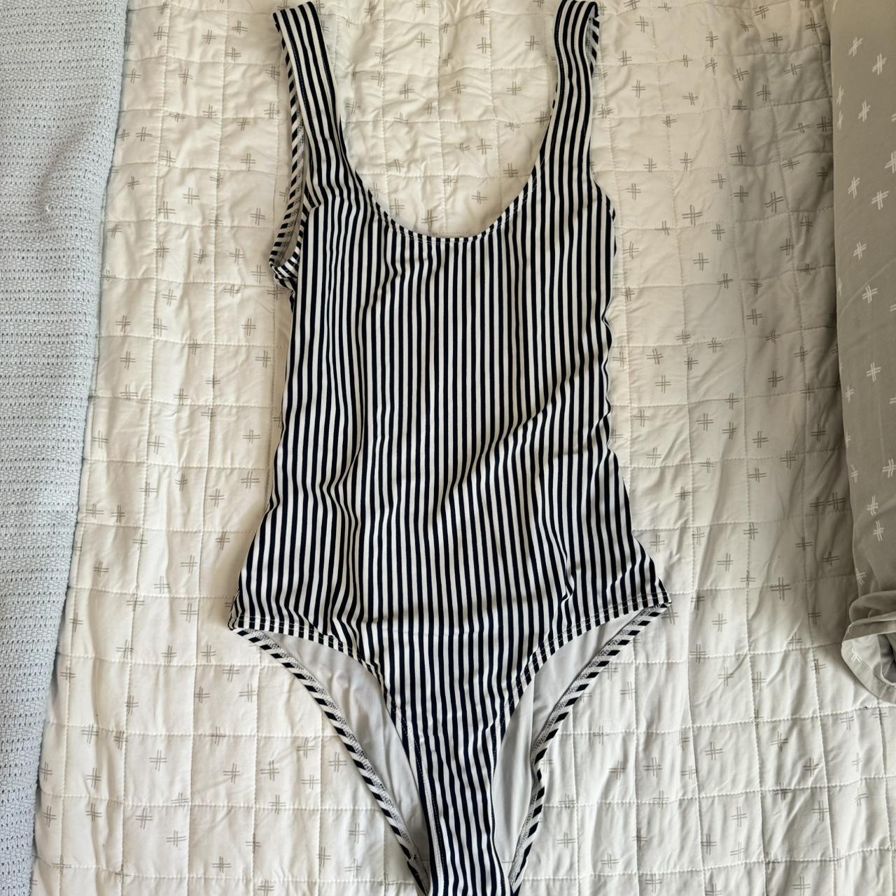 Atmos & Here One Piece Swimsuit Navy and white... - Depop