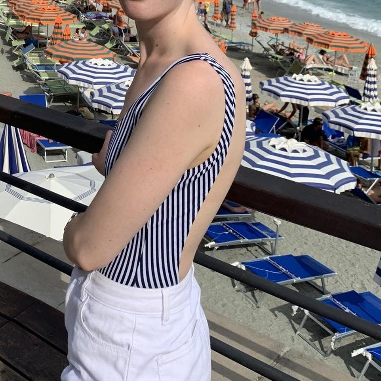 Atmos & Here One Piece Swimsuit Navy and white... - Depop