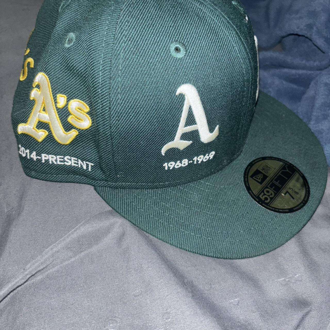 Tulones Green and white Oakland A's fitted hat... - Depop