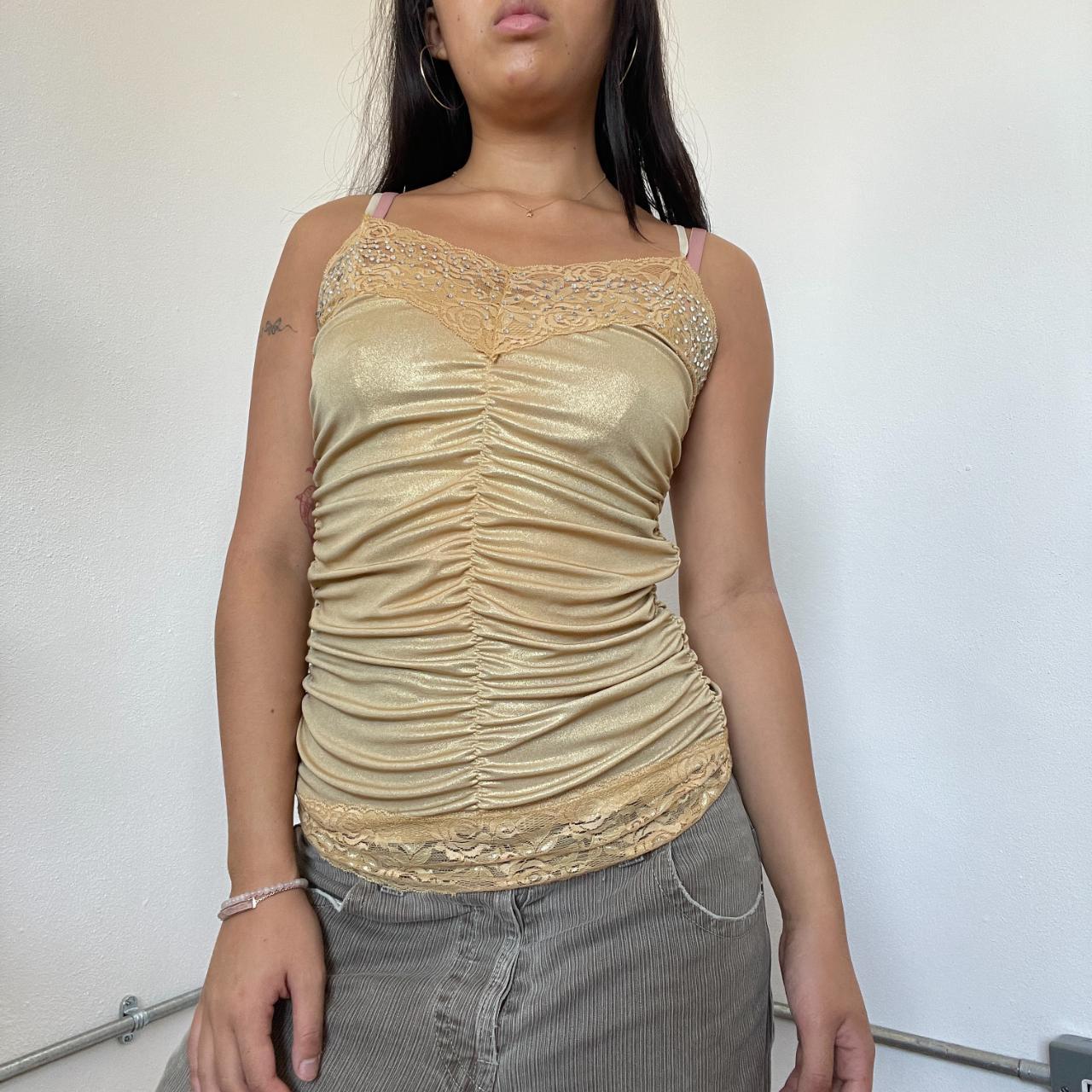 vintage gold lace ruched cami top , worn on size... - Depop