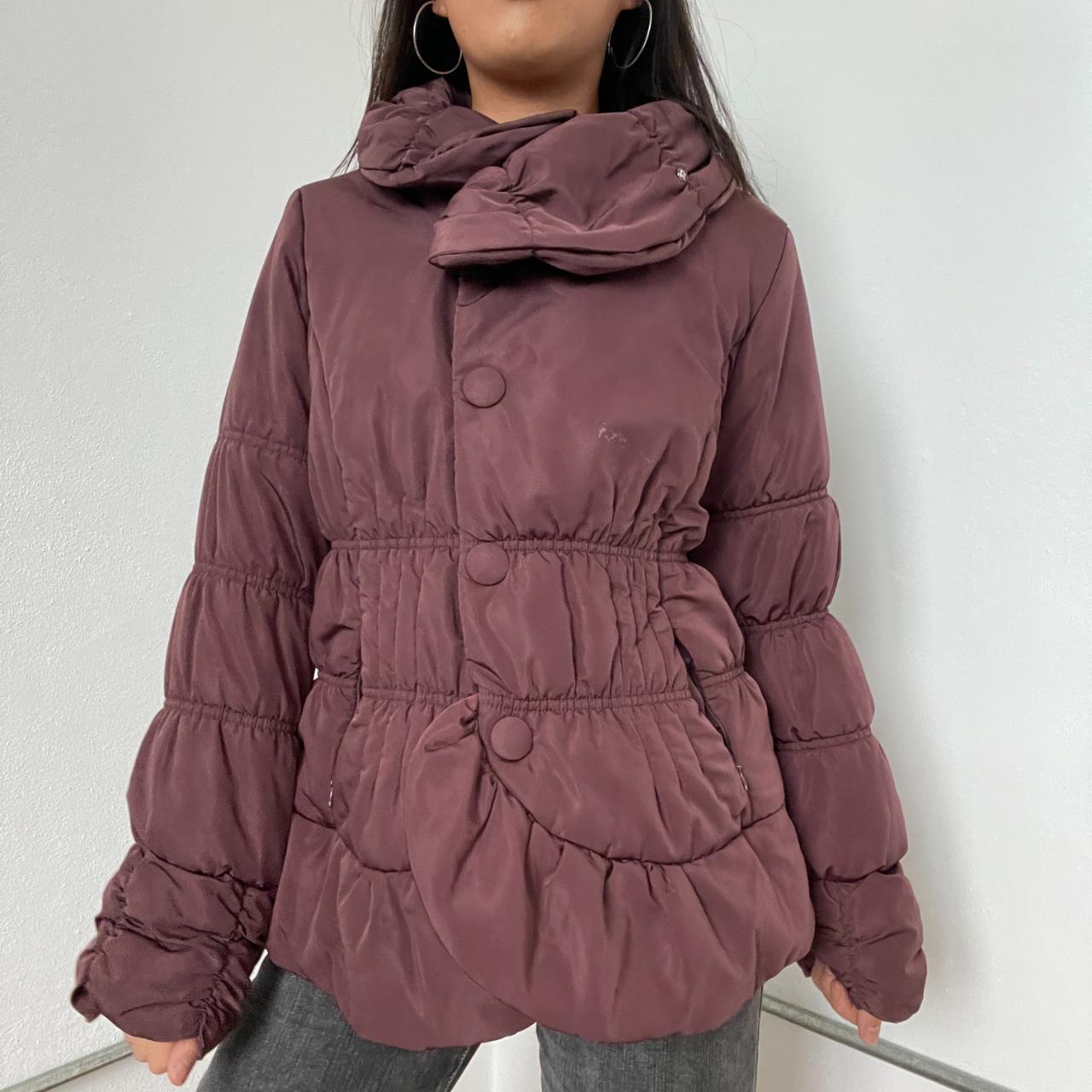 burgundy ruched puffer jacket, button fastening... - Depop