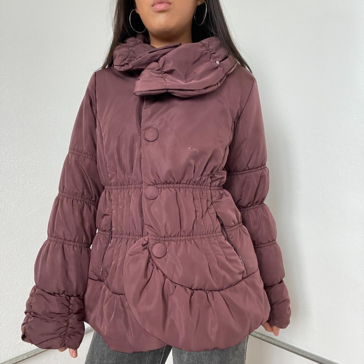 burgundy ruched puffer jacket, button fastening... - Depop