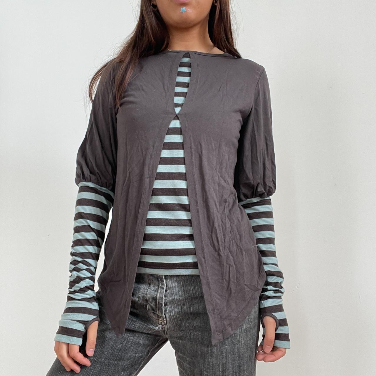 Vintage striped two layer cop copine top with thumb... - Depop