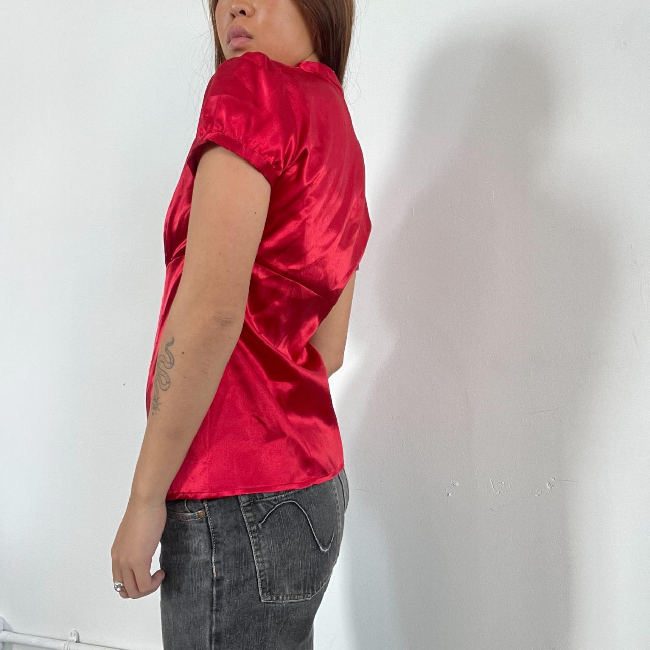 Vintage Satin red short sleeve button up blouse... - Depop