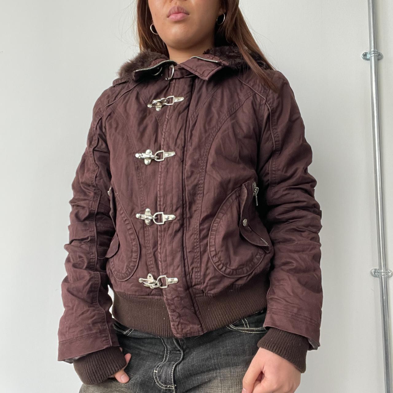 Vintage brown fireman clasp jacket with faux fur... | Depop