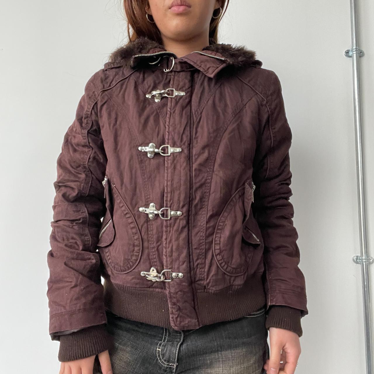 Vintage brown fireman clasp jacket with faux fur... | Depop