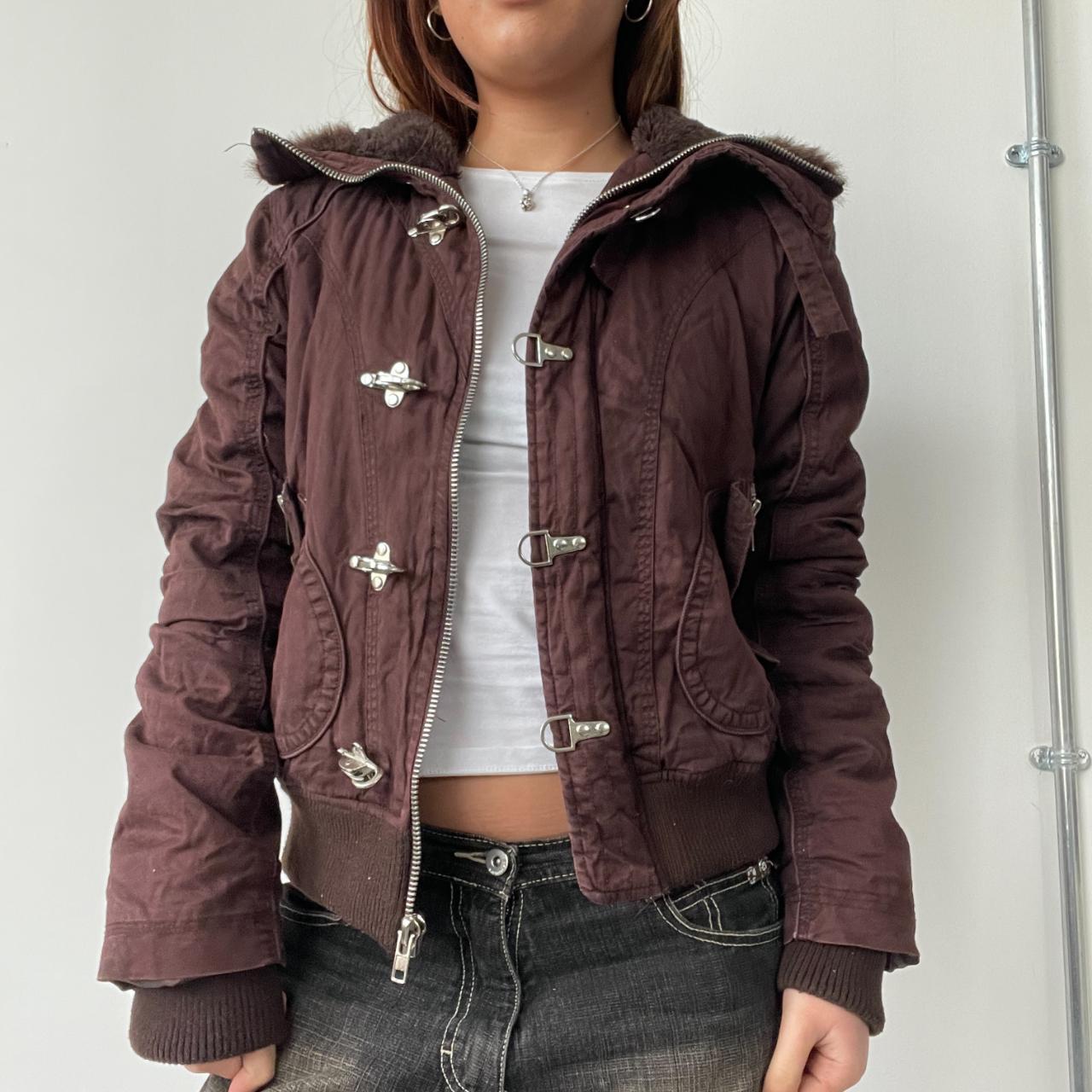 Vintage brown fireman clasp jacket with faux fur... | Depop