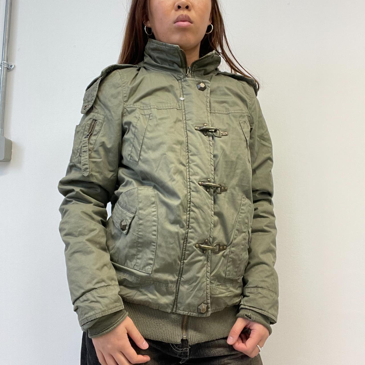 Vintage khaki fireman clasp hooded utility jacket ,... | Depop