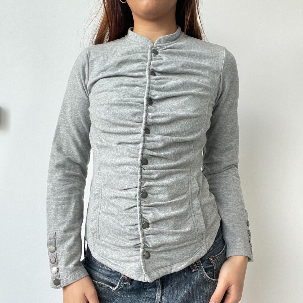 Vintage grey ruched detailed button up jumper top,... | Depop