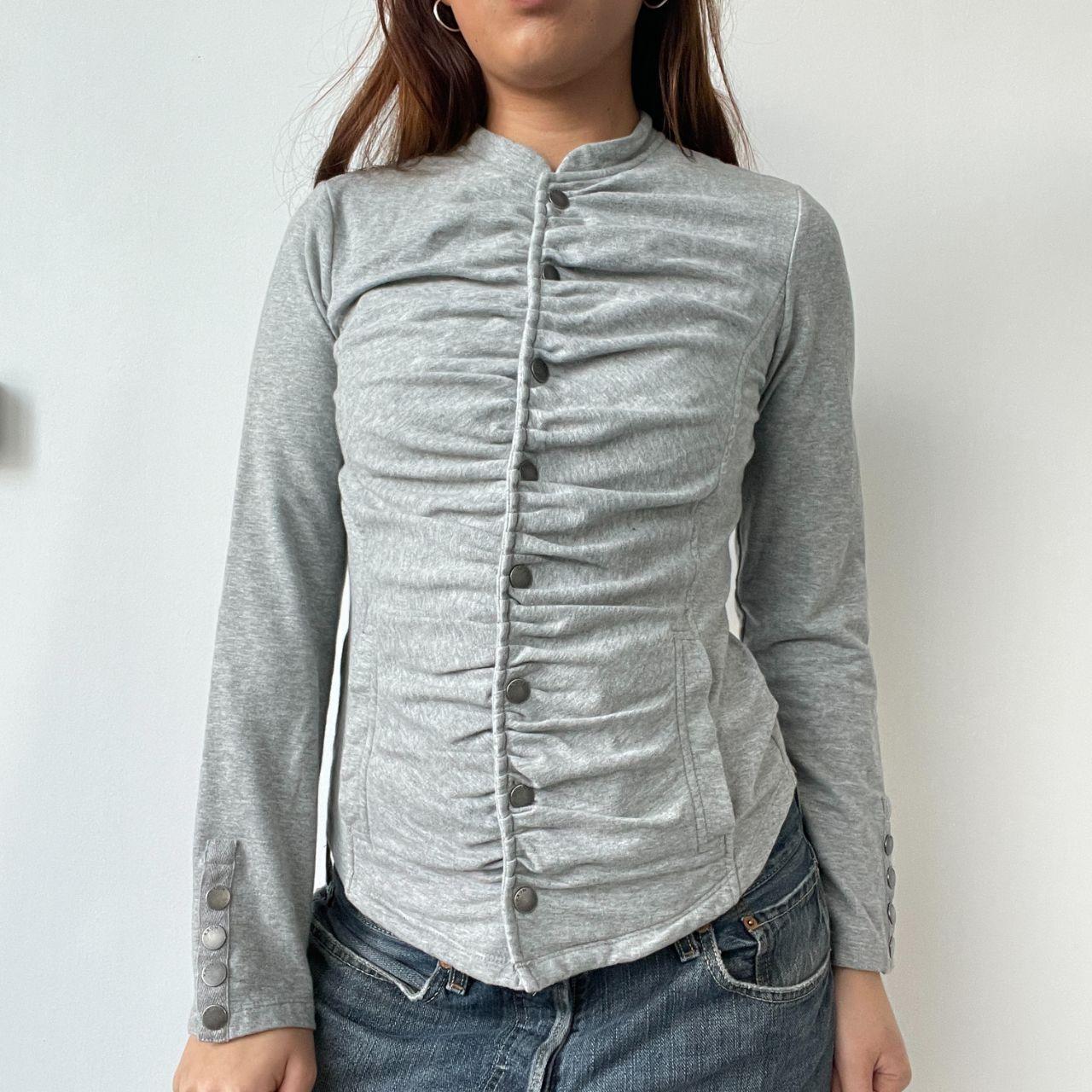 Vintage grey ruched detailed button up jumper top,... | Depop