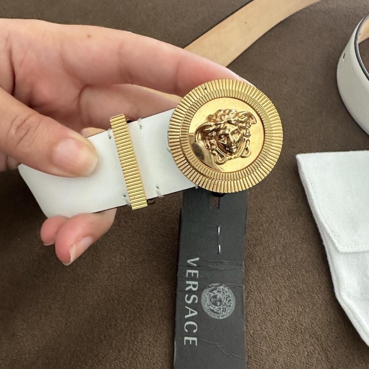 Versace Medusa Coin Leather Belt white size 90/36... - Depop