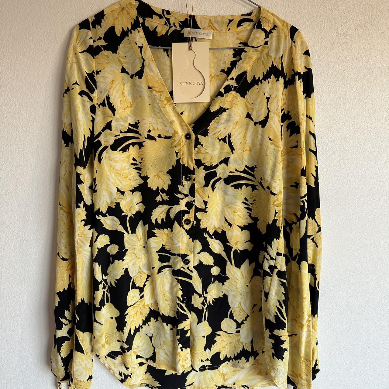 Stine Goya yellow and black floral button up... - Depop