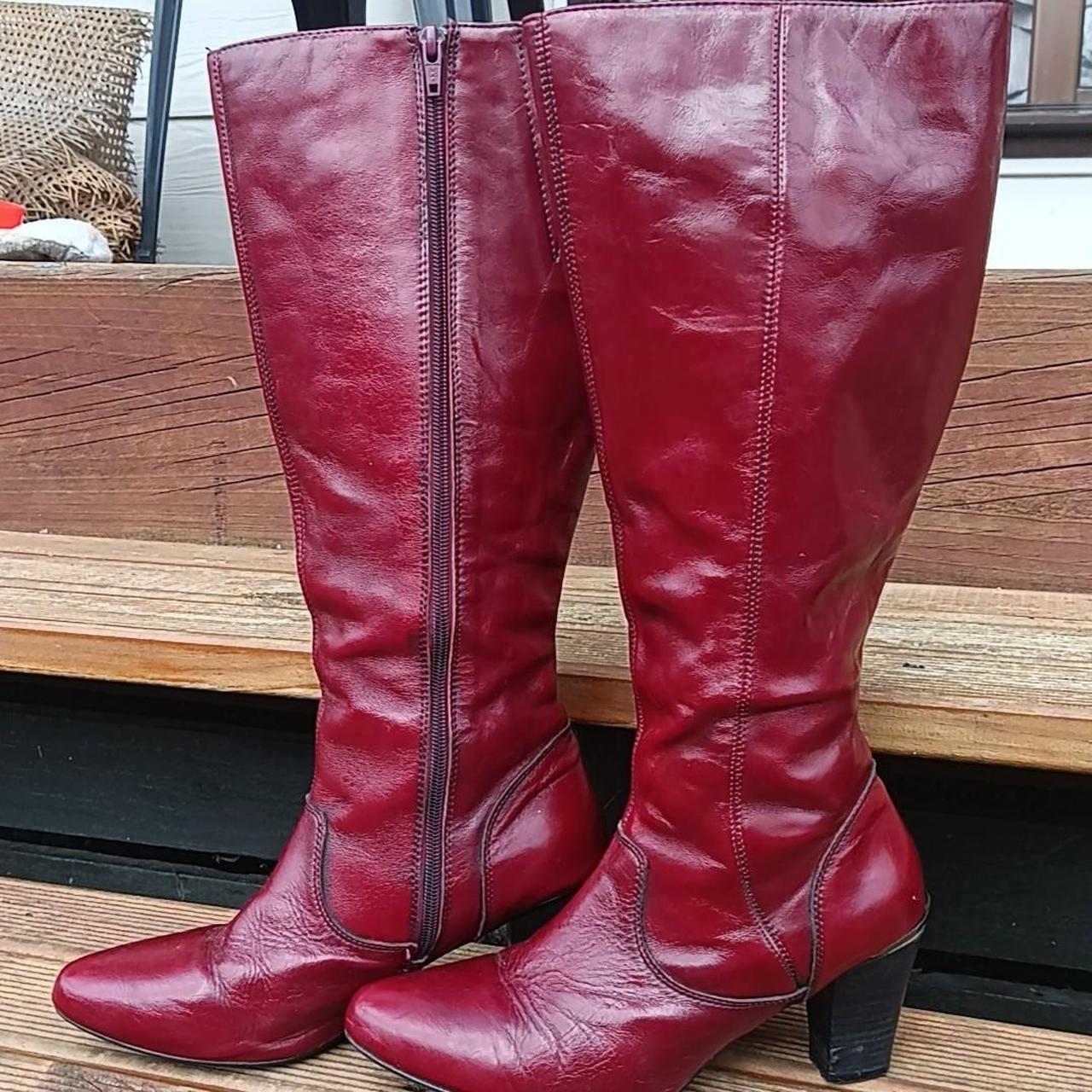 Cherry red, knee high, high heeled, leather boots.... - Depop