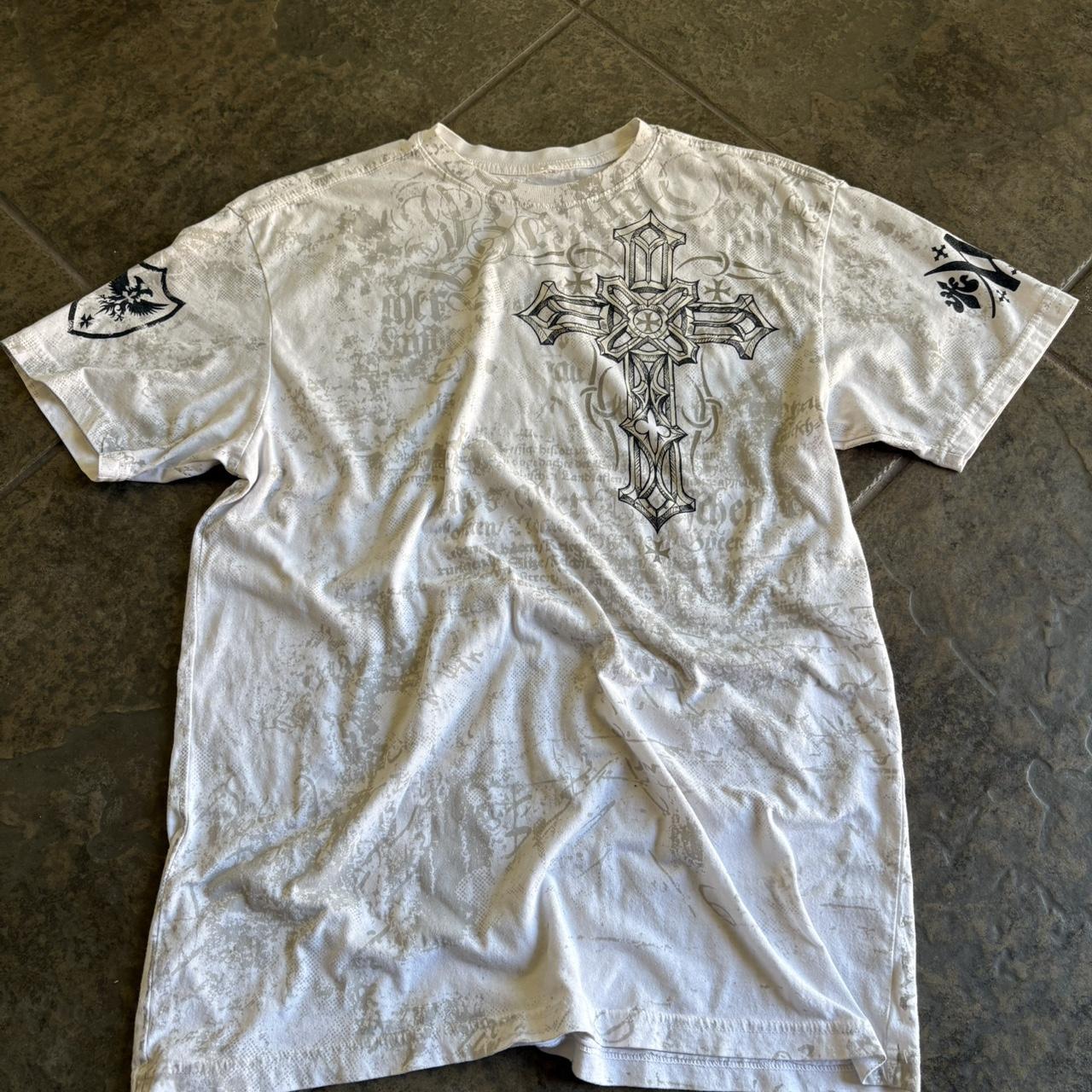 y2k archaic white tee with sick cross and wings... | Depop