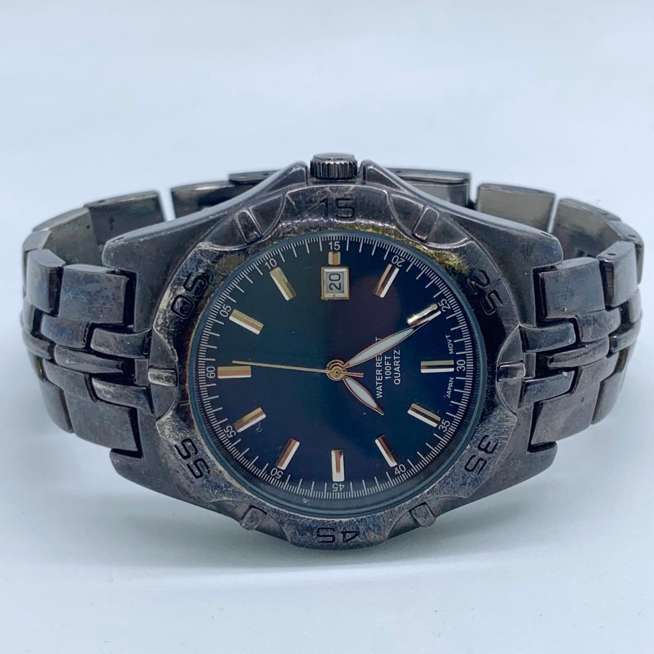 Mens 40mm Quartz analog black tone date watch blue... - Depop